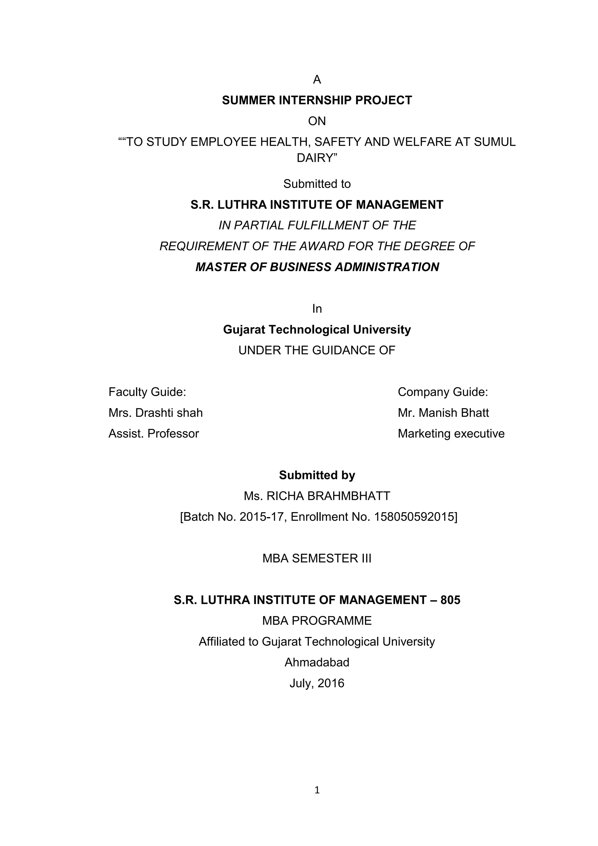 “TO STUDY EMPLOYEE HEALTH, SAFETY AND WELFARE AT SUMUL DAIRY” | PDF