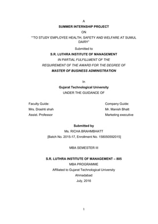 “TO STUDY EMPLOYEE HEALTH, SAFETY AND WELFARE AT SUMUL DAIRY” | PDF