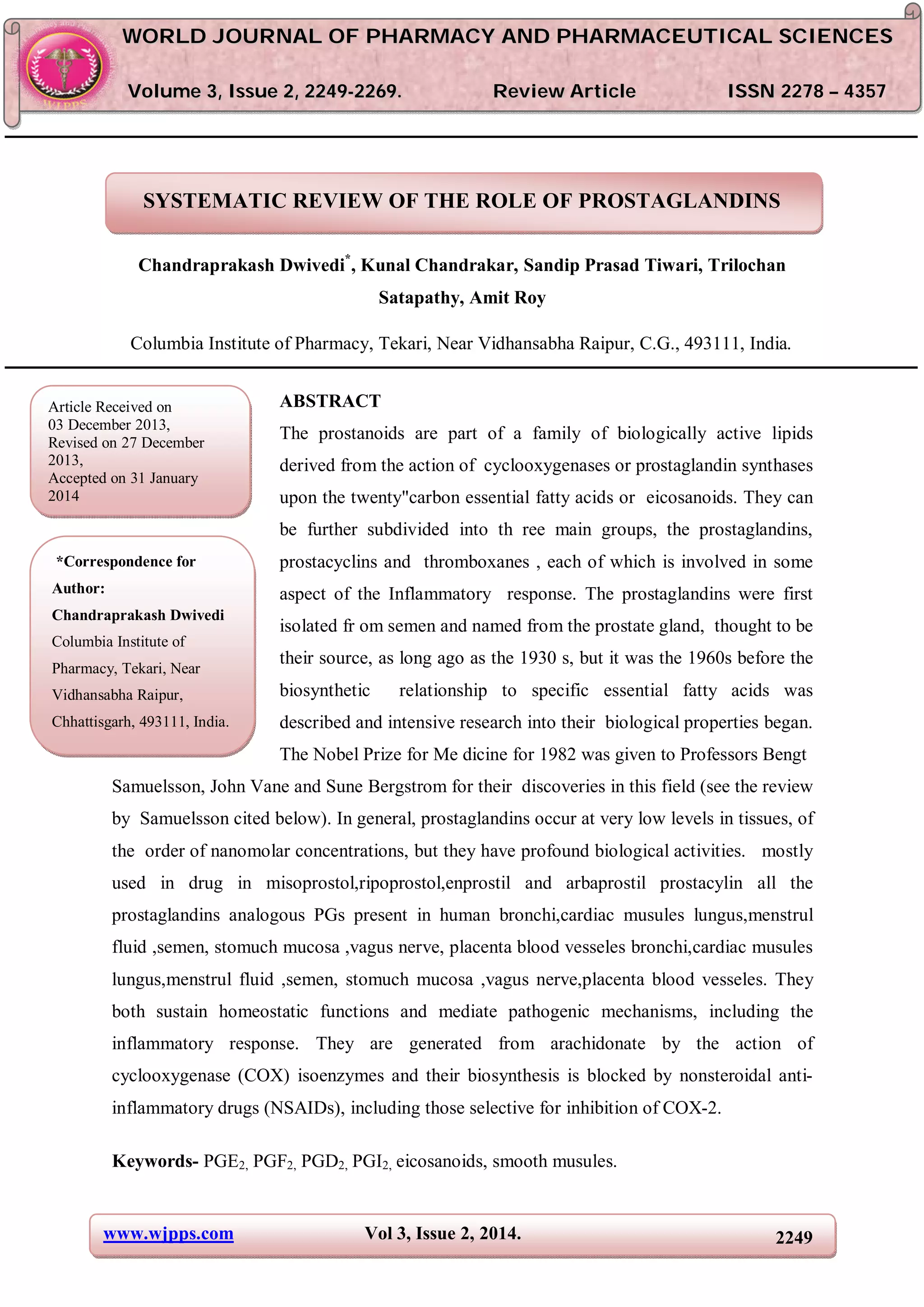 SYSTEMATIC REVIEW OF THE ROLE OF PROSTAGLANDINS | PDF