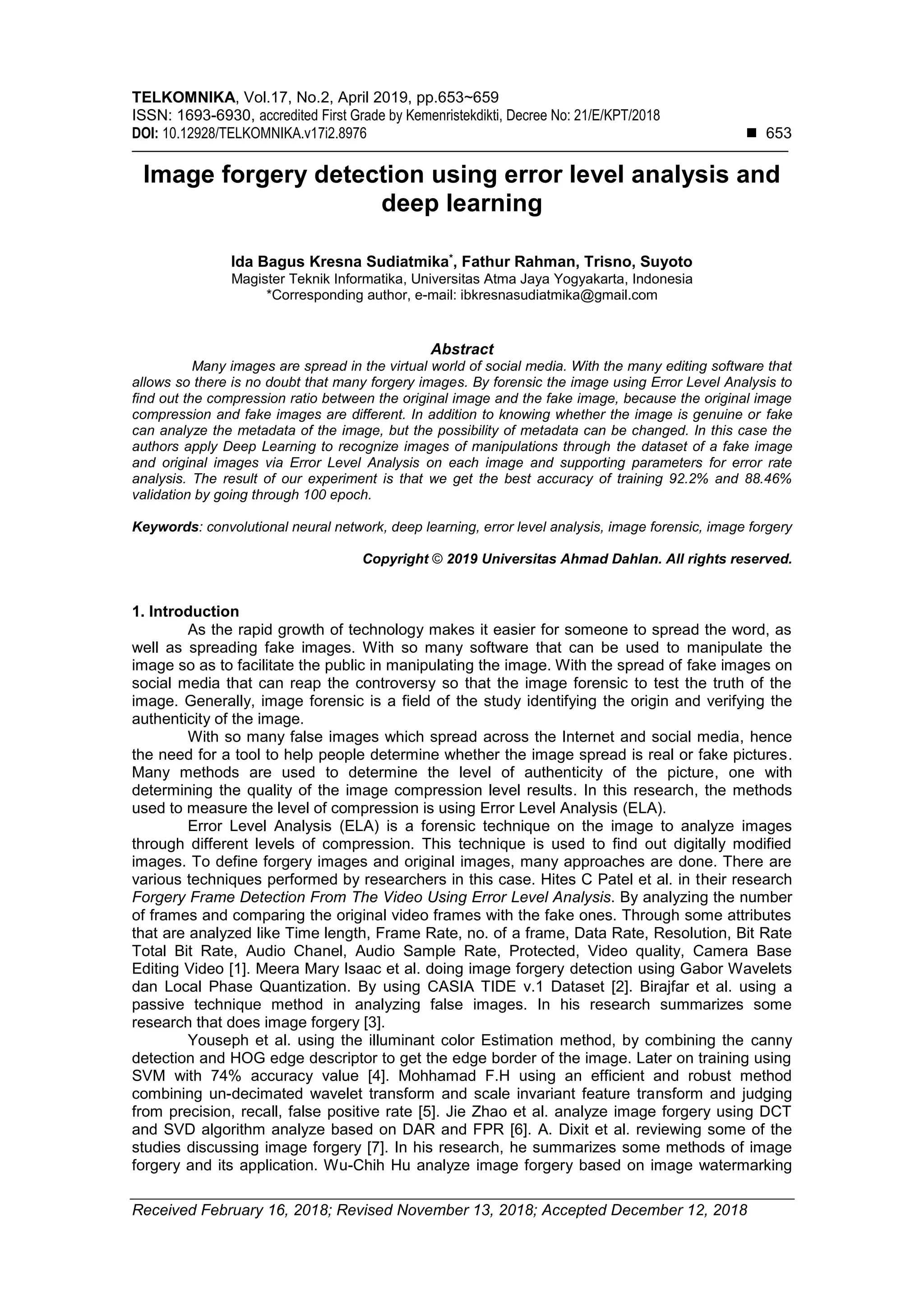 Image Forgery Detection Using Error Level Analysis And Deep Learning Pdf Free Download 