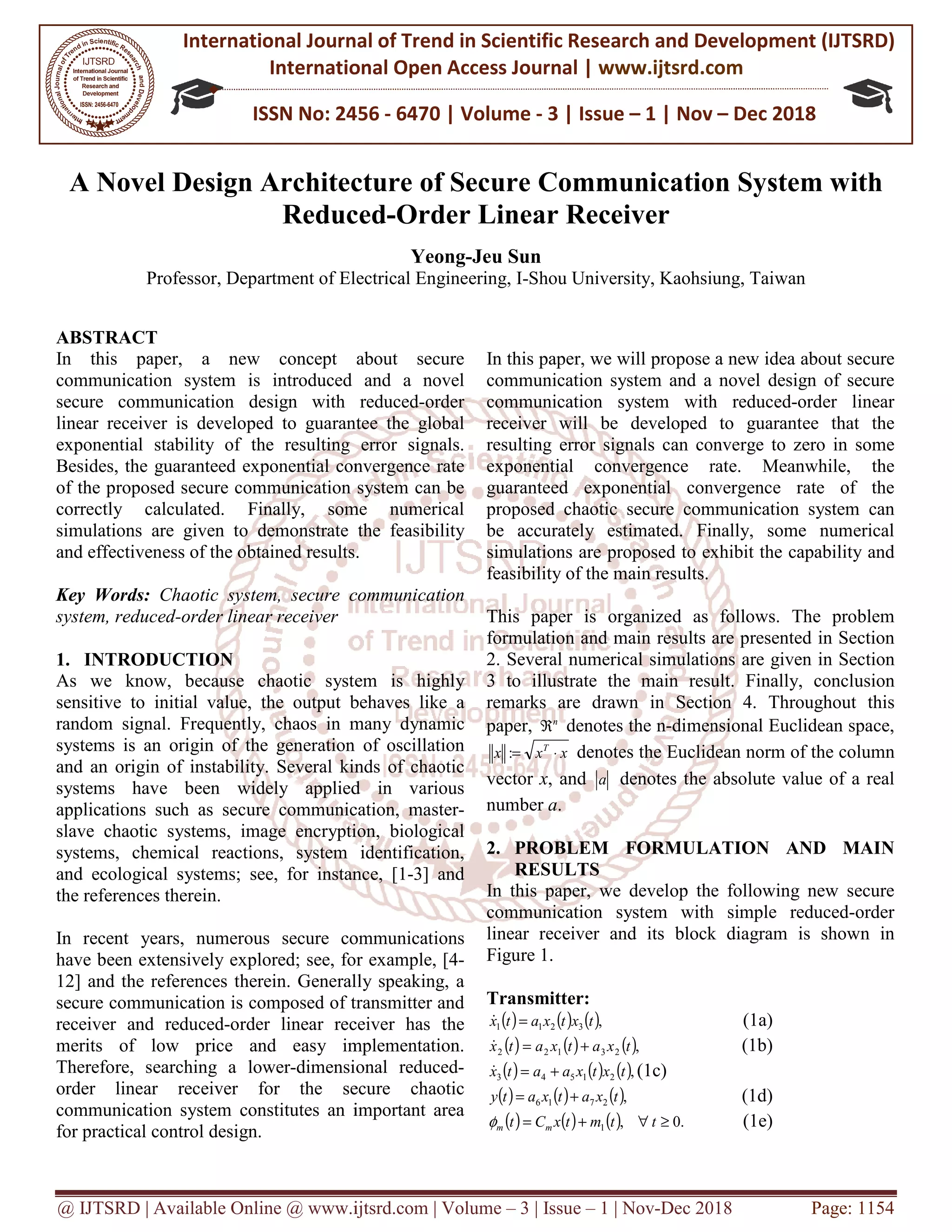 A Novel Design Architecture of Secure Communication System with Reduced-Order Linear Receiver | PDF