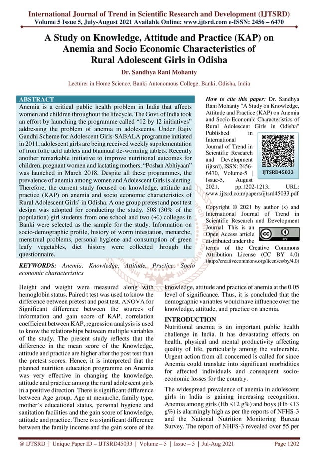 A Study on Knowledge, Attitude and Practice KAP on Anemia and Socio Economic Characteristics of ...