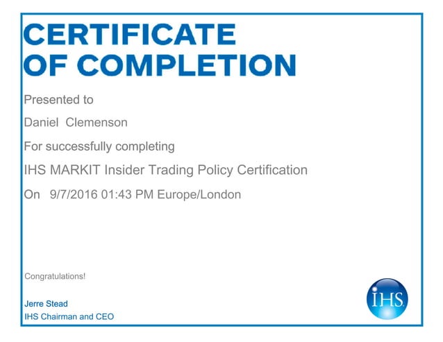 IHS Markit Insider Trading Certificate 2016 | PDF