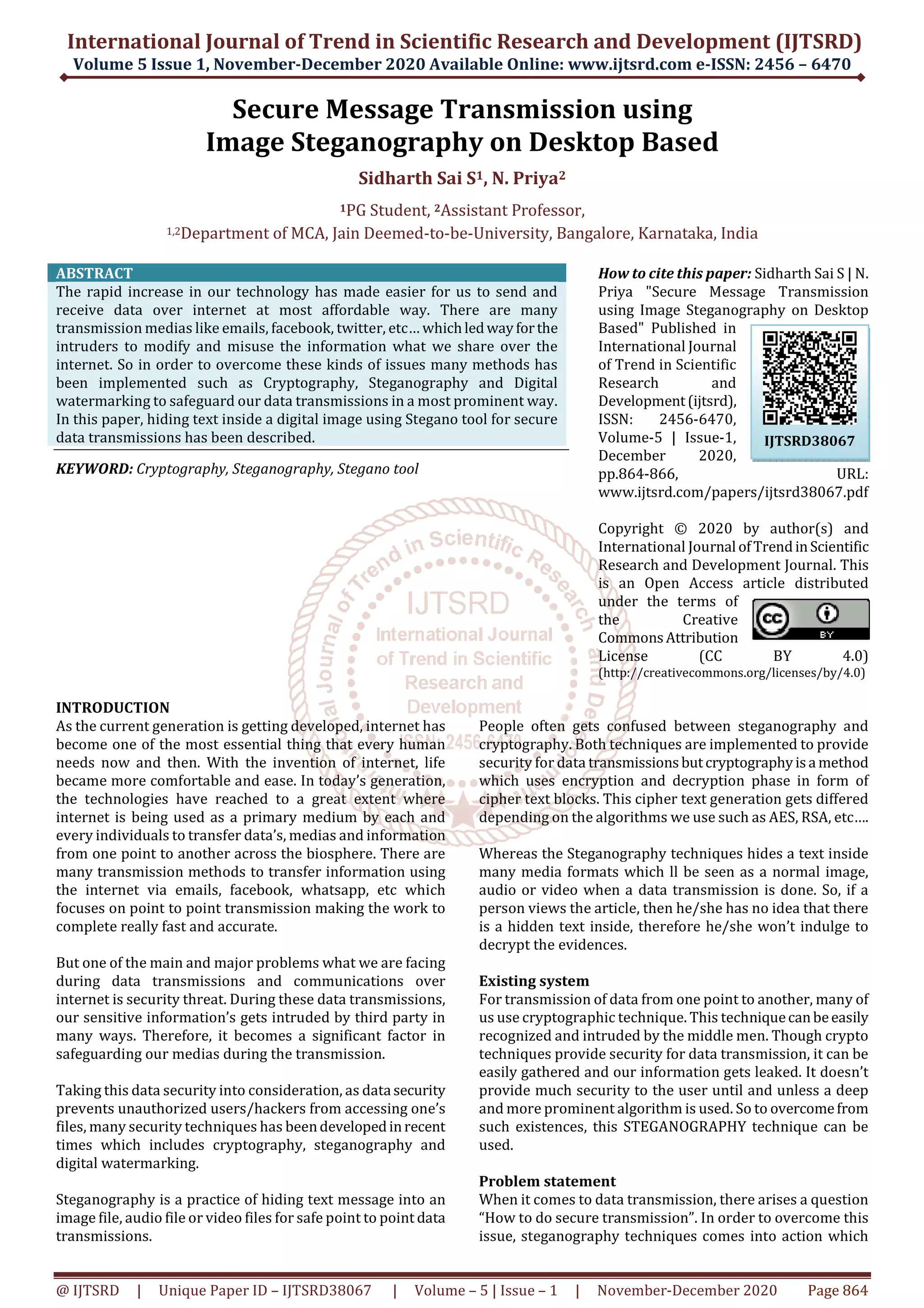 Secure Message Transmission Using Image Steganography On Desktop Based