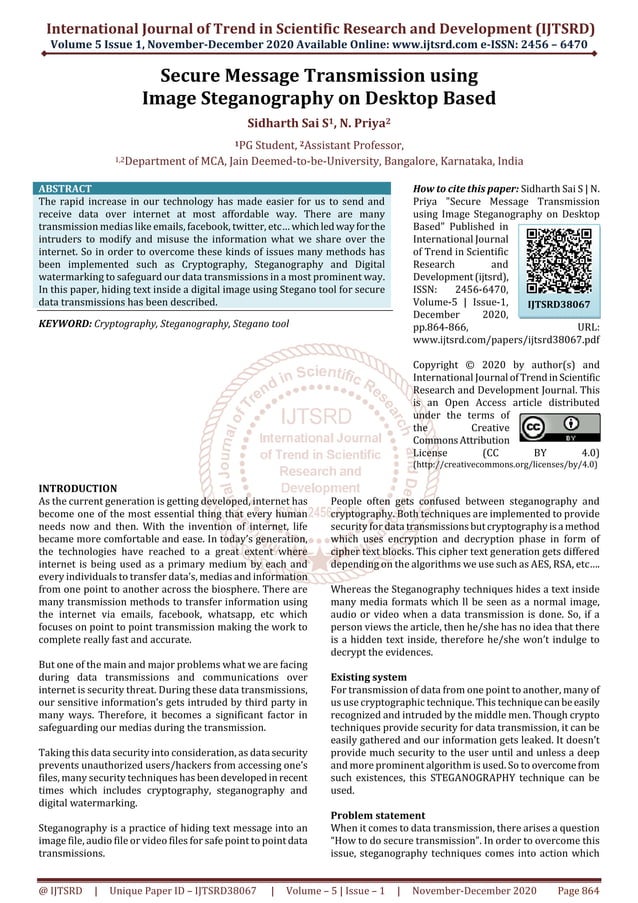 Secure Message Transmission using Image Steganography on Desktop Based | PDF