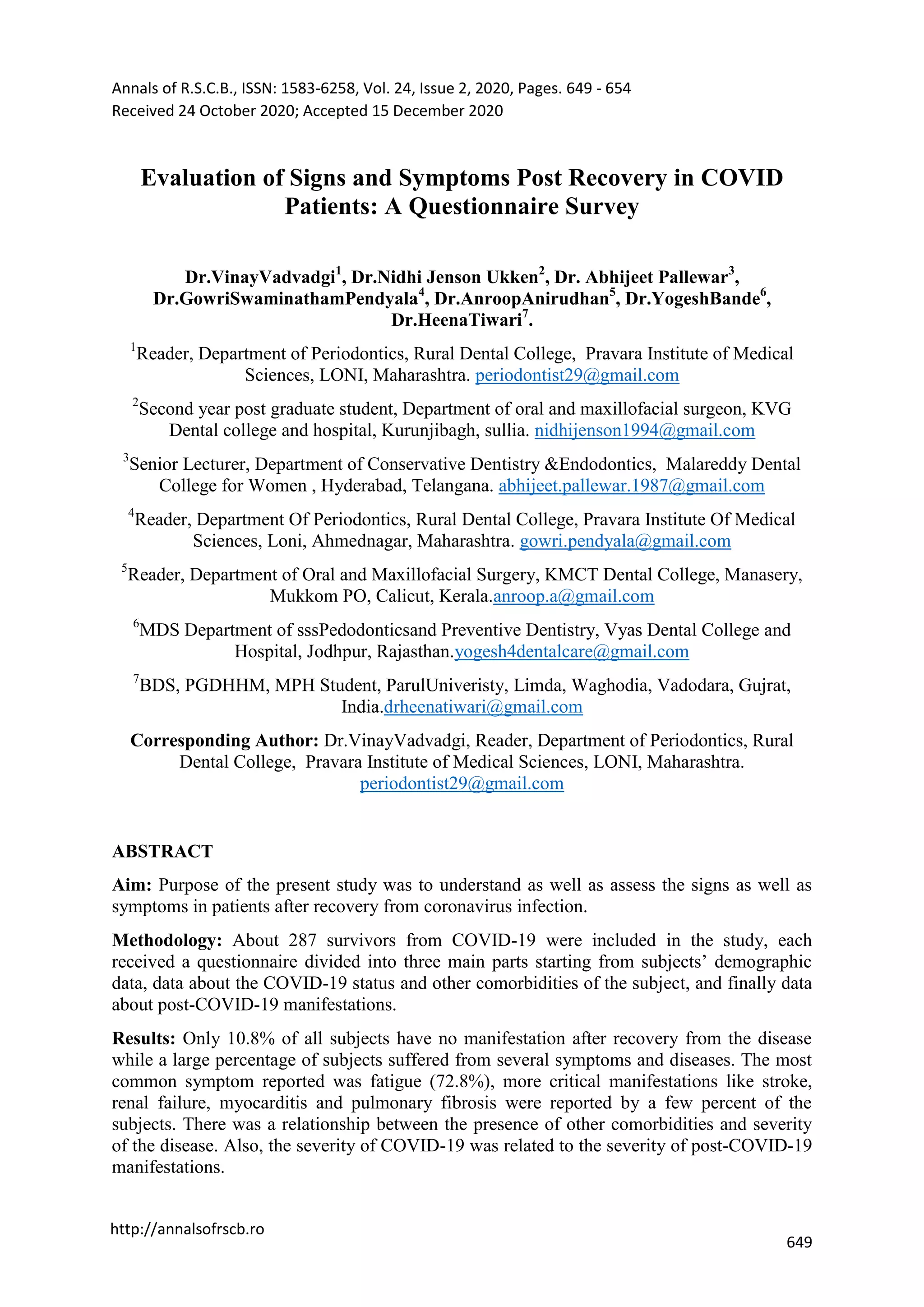 Evaluation of Signs and Symptoms Post Recovery in COVID Patients: A Questionnaire Survey | PDF ...