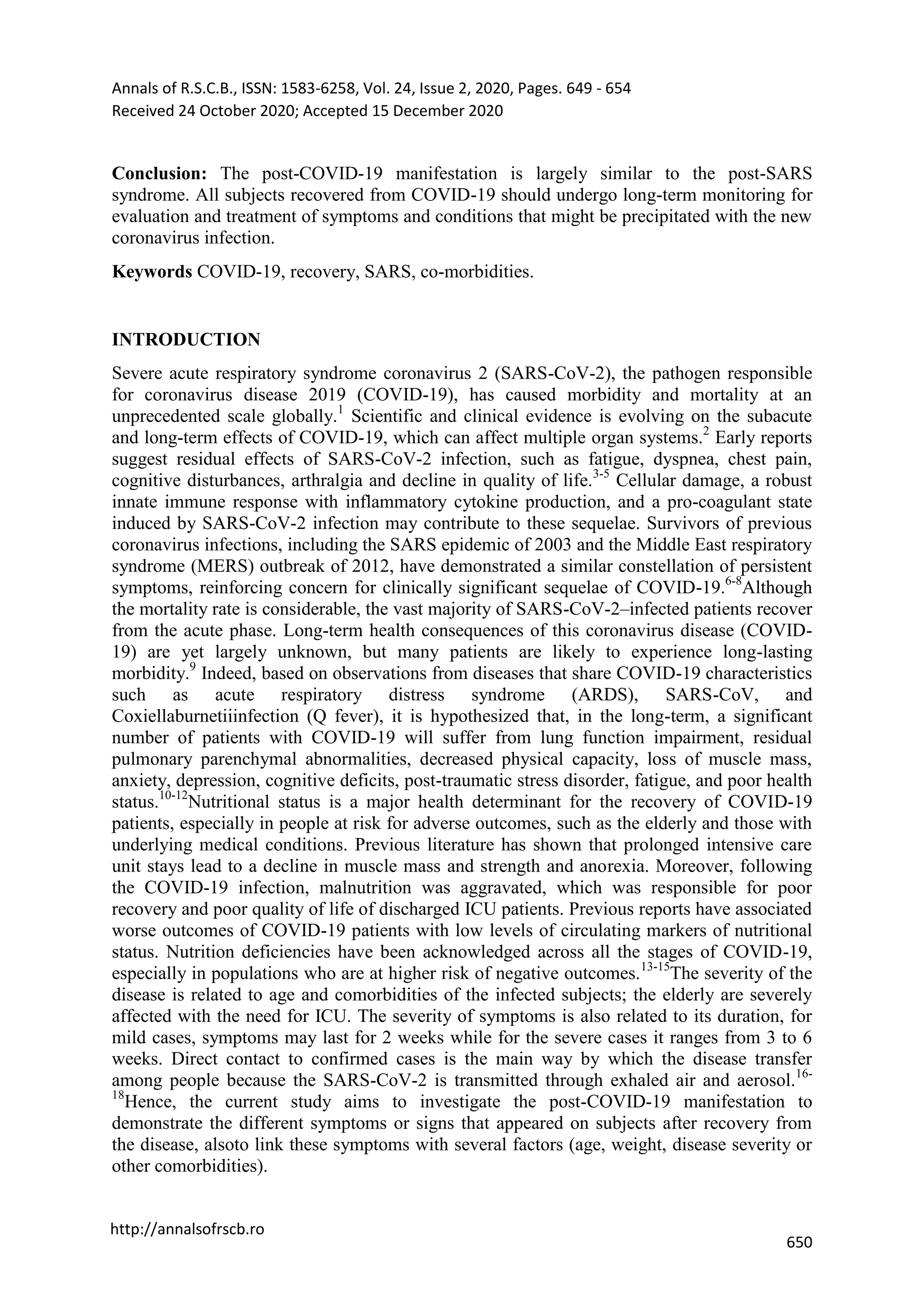 Evaluation of Signs and Symptoms Post Recovery in COVID Patients: A Questionnaire Survey | PDF ...