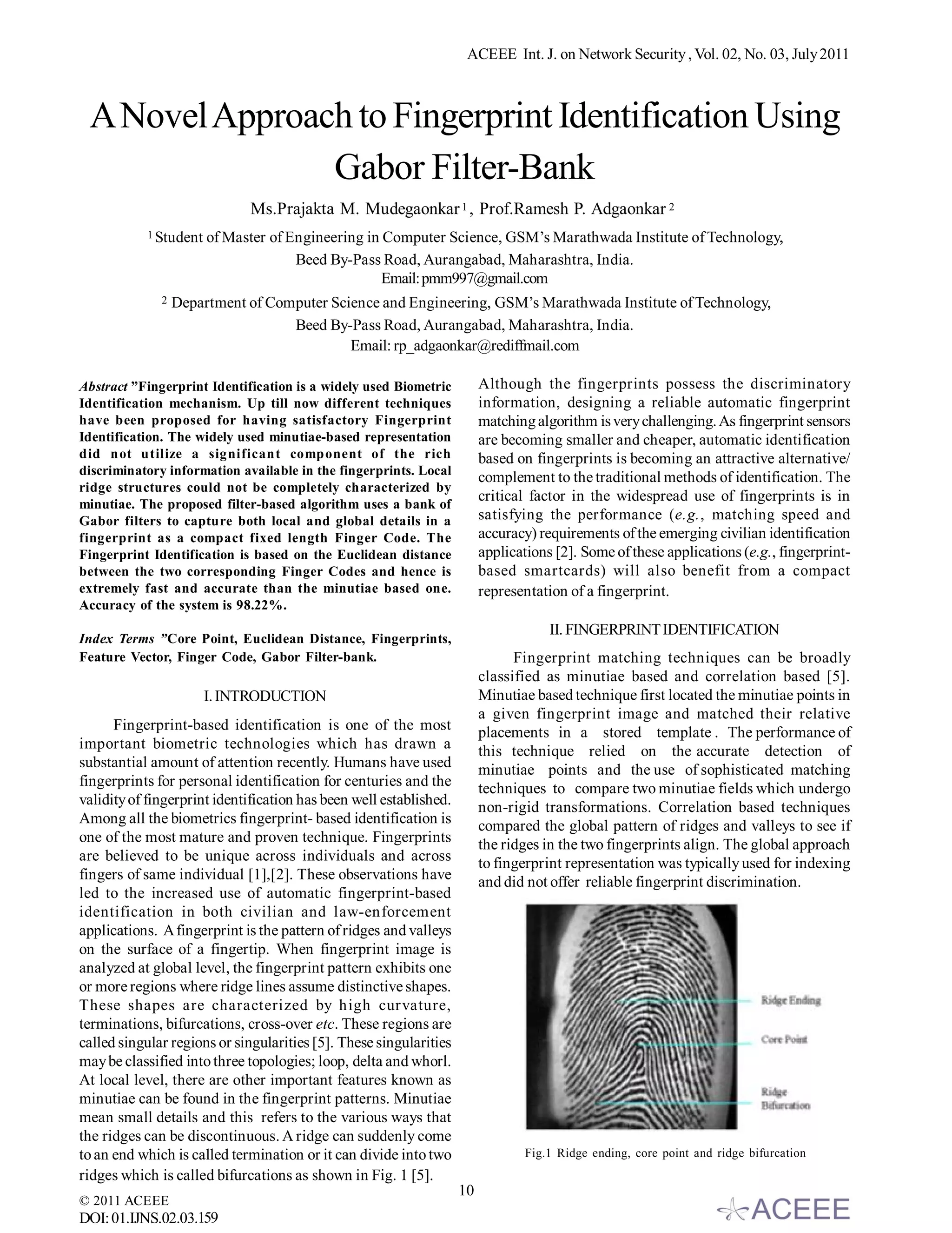 A Novel Approach To Fingerprint Identification Using Gabor Filter Bank