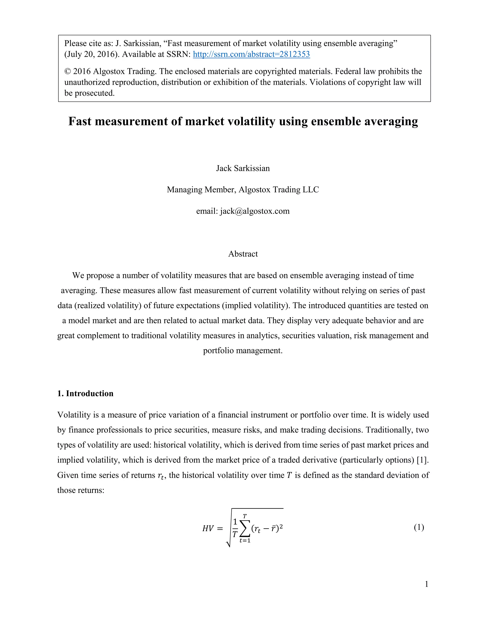 Express measurement of market volatility using ergodicity concept | PDF