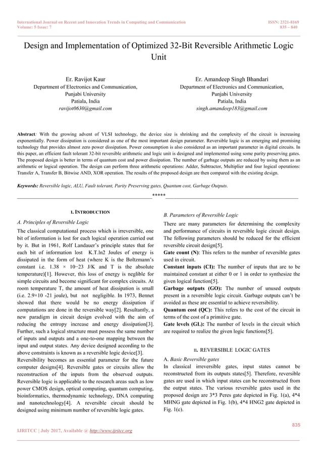 Design and Implementation of Optimized 32-Bit Reversible Arithmetic Logic Unit | PDF