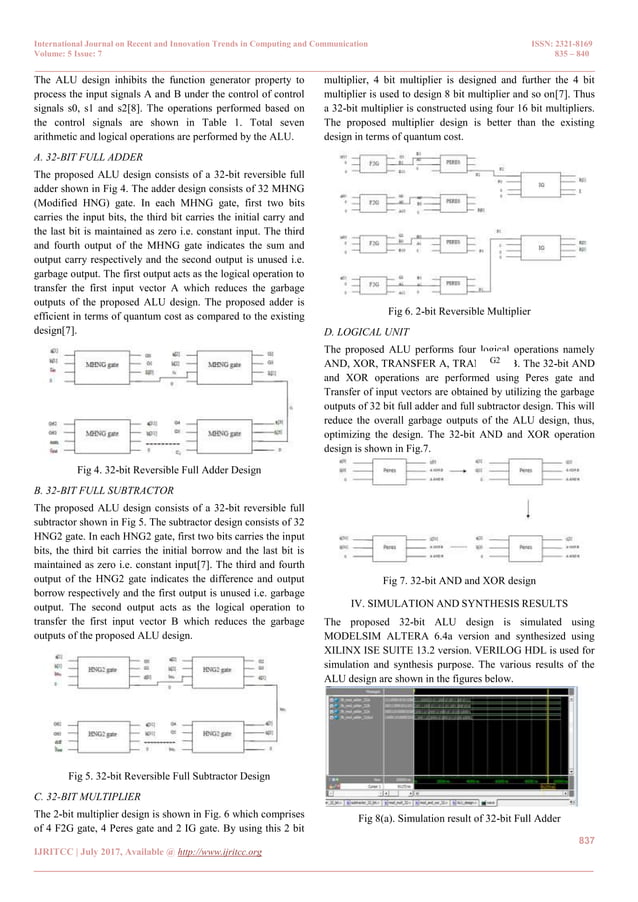 Design And Implementation Of Optimized 32 Bit Reversible Arithmetic Logic Unit Pdf 