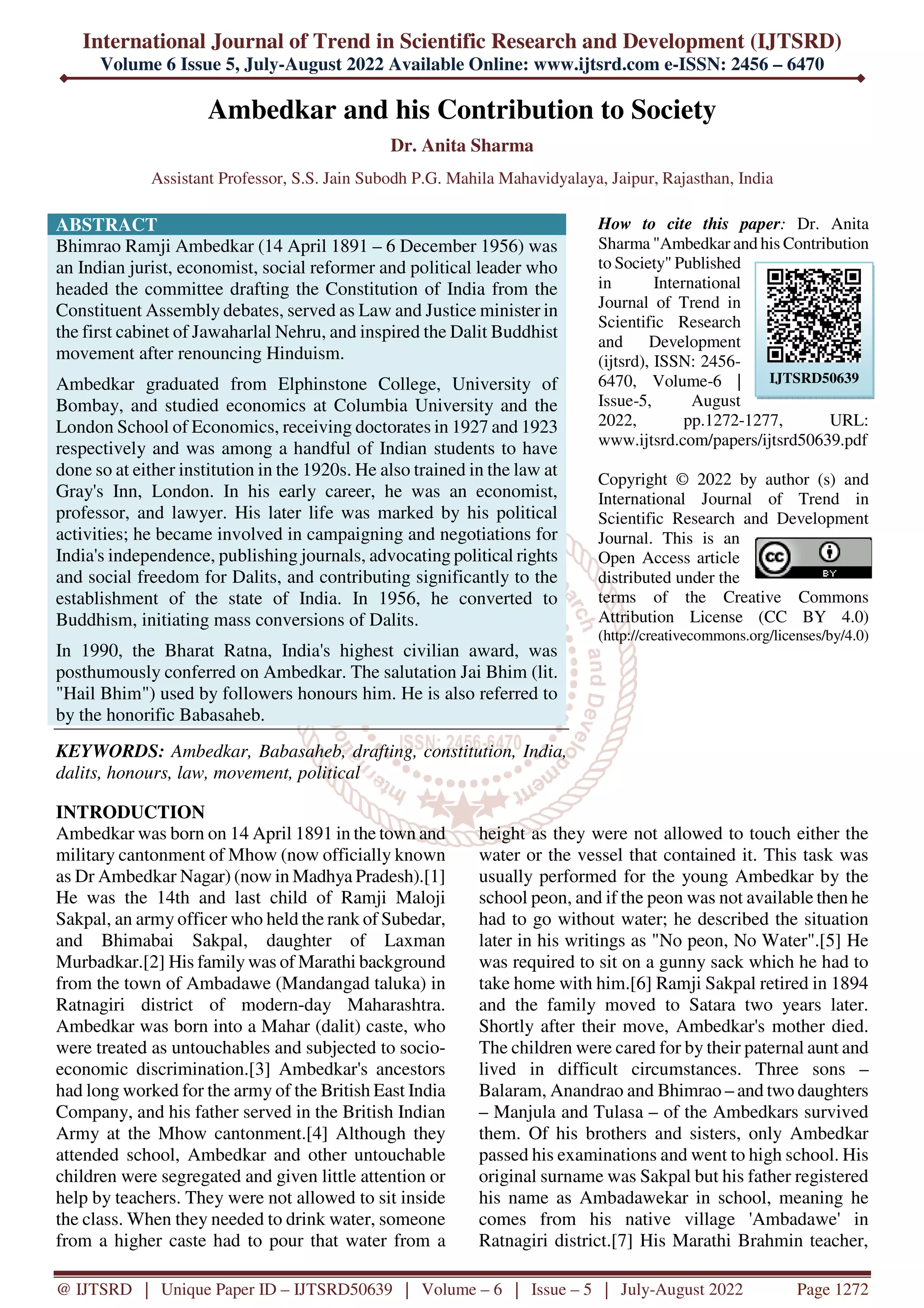 Ambedkar and his Contribution to Society | PDF