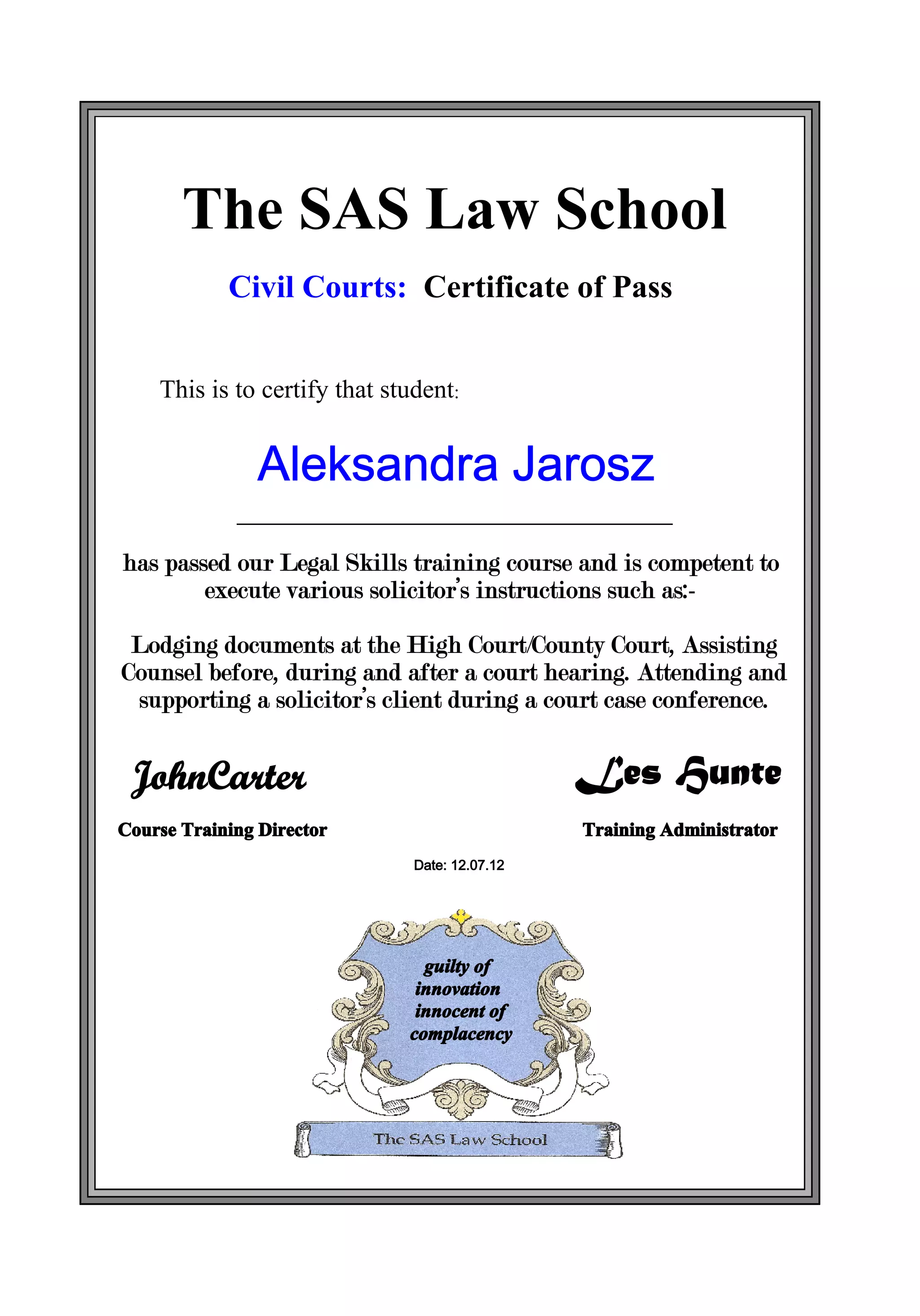 Certificate - SAS Law court training | PDF