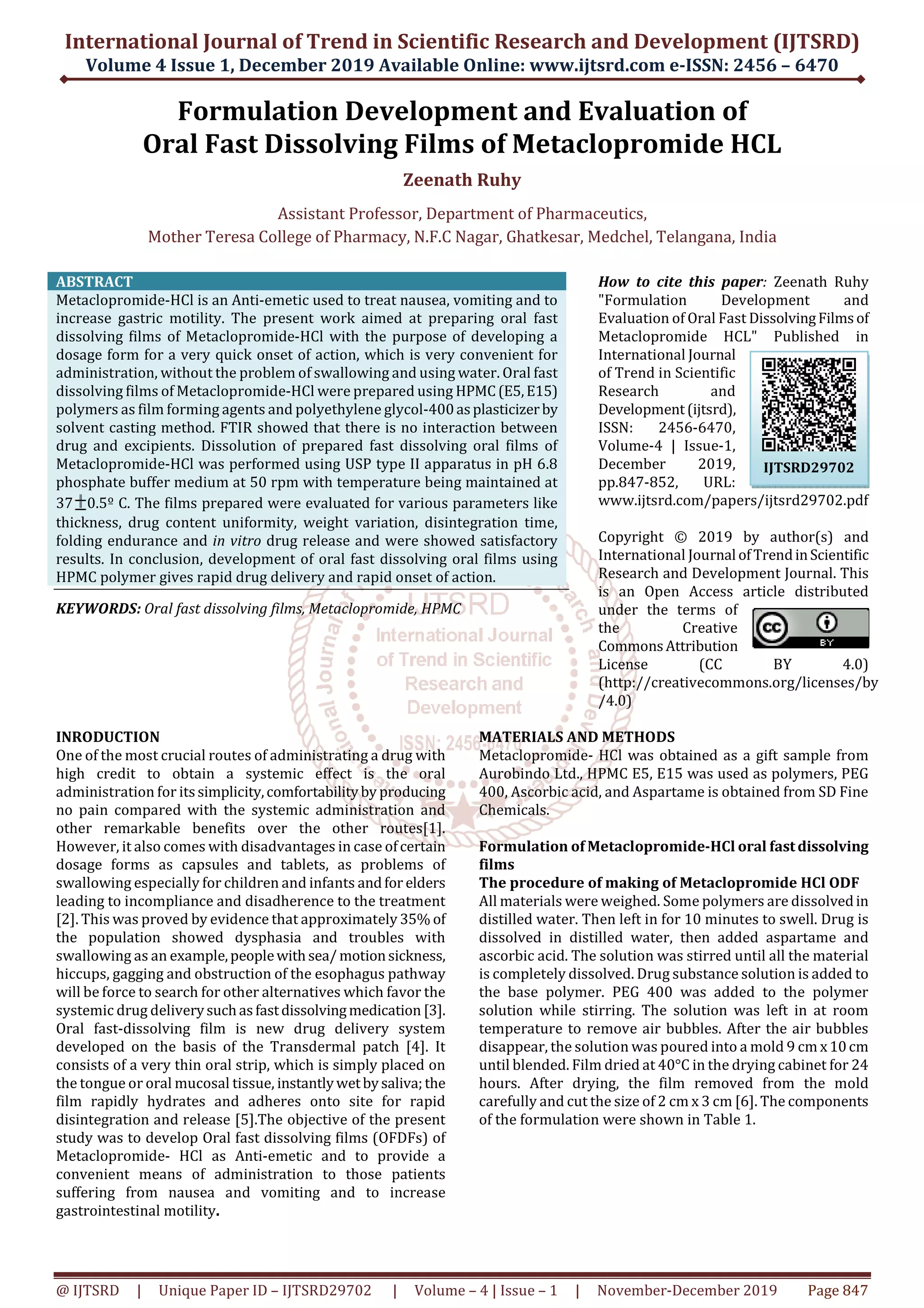 Formulation Development And Evaluation Of Oral Fast Dissolving Films Of Metaclopromide Hcl Pdf