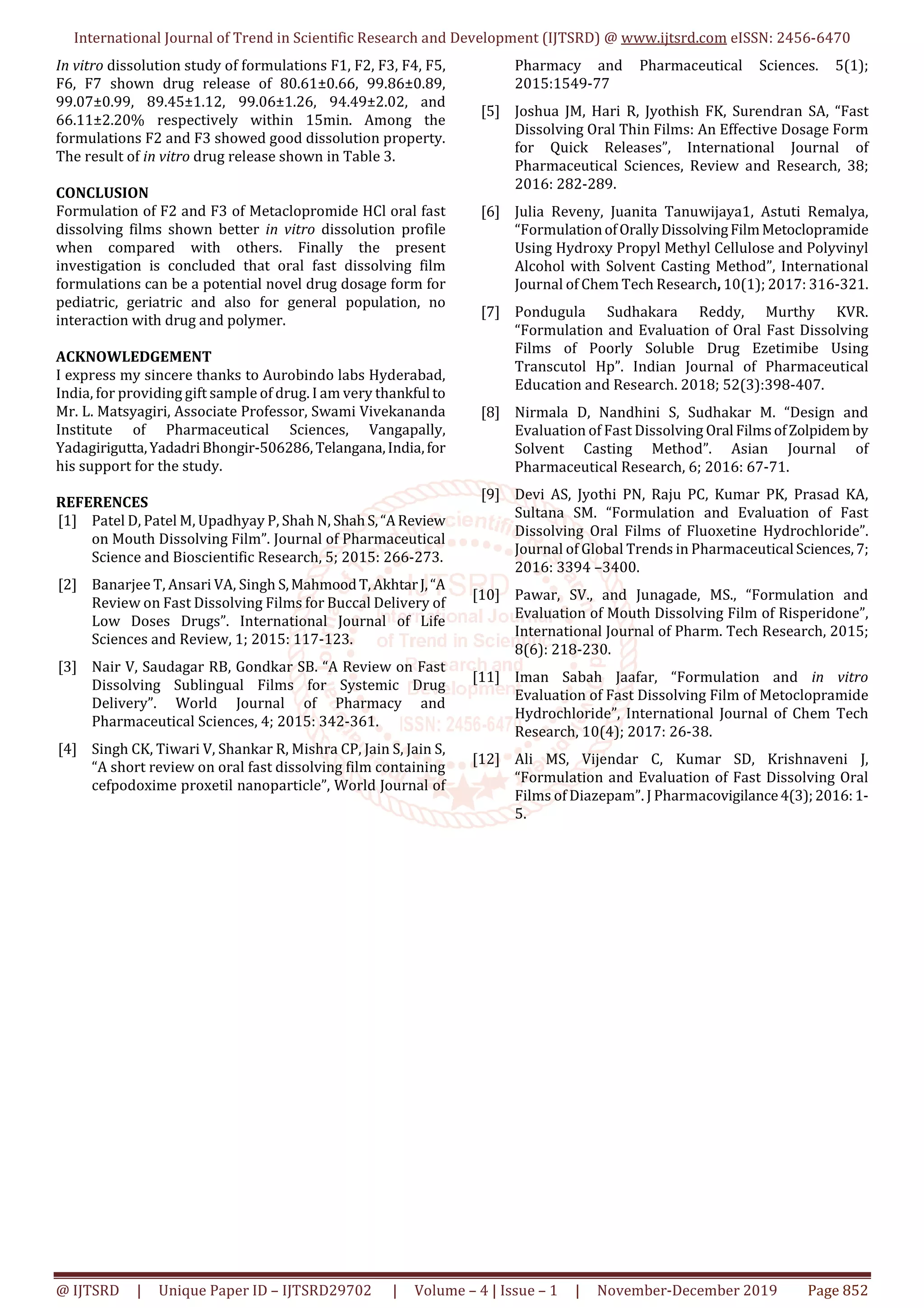 Formulation Development And Evaluation Of Oral Fast Dissolving Films Of Metaclopromide Hcl Pdf