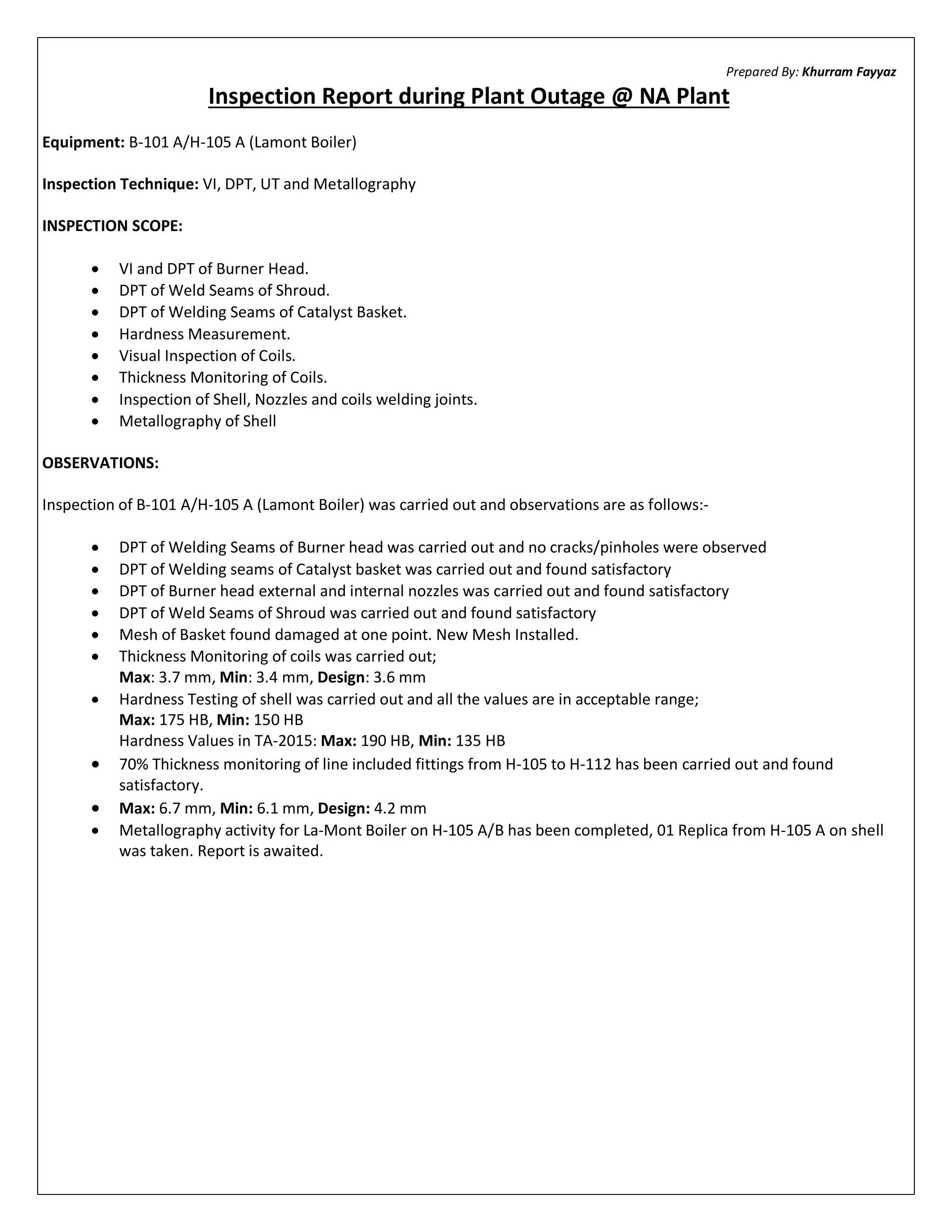 Inspection Report during Plant Outage @ NA Plant | PDF