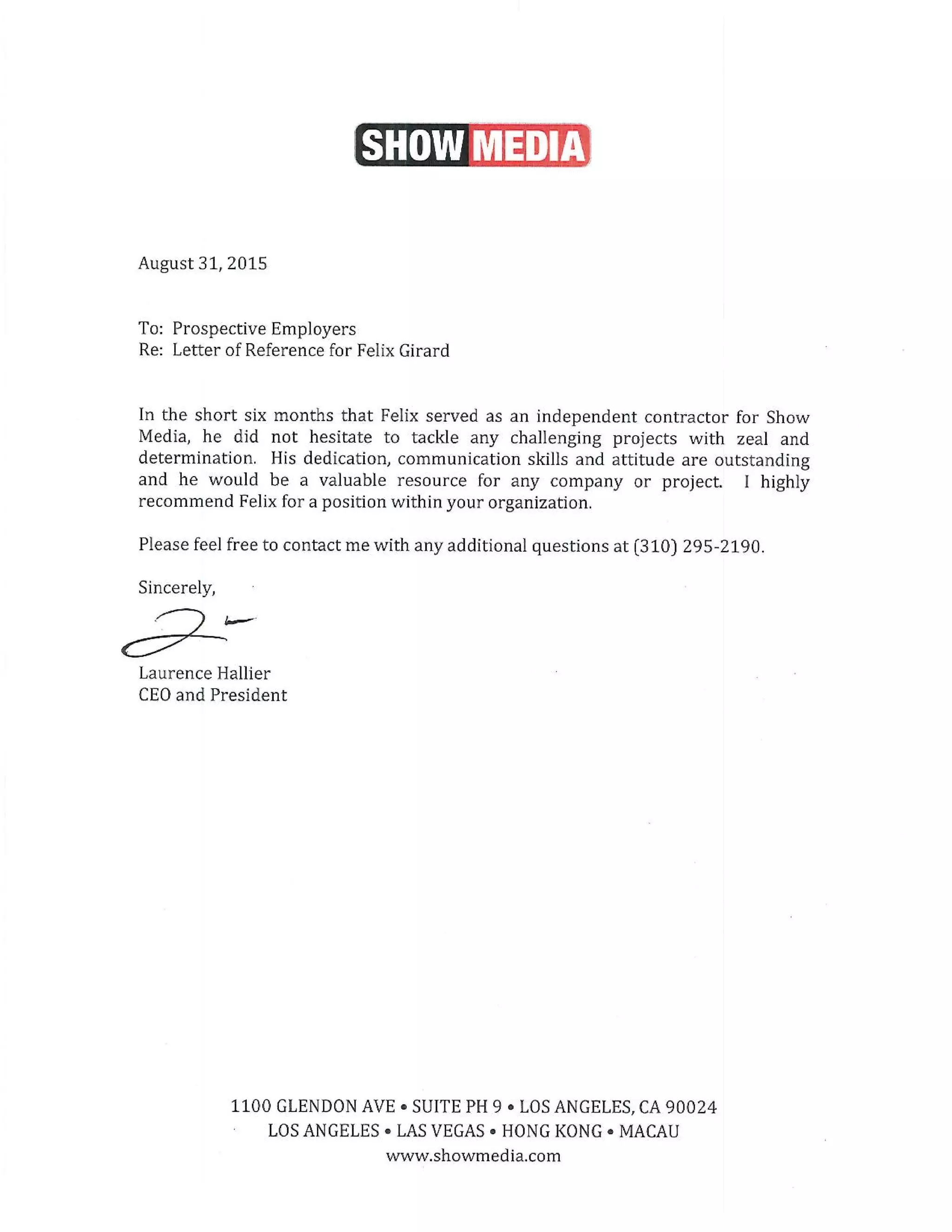 Felix Girard Show Media Letter Of Recommendation | PDF