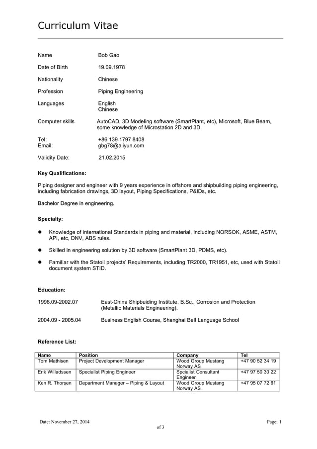 CV for Bob Gao 11.2014