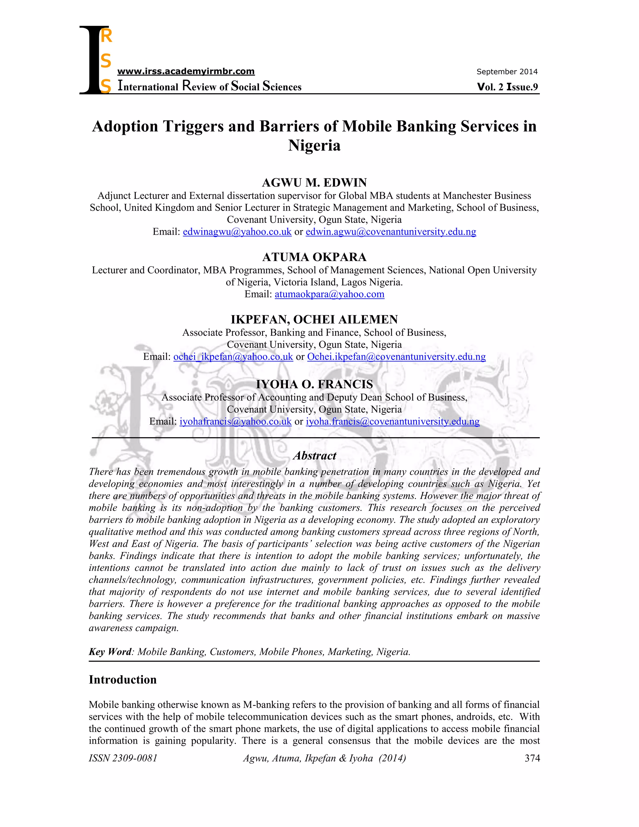 Adoption triggers and barriers of mobile banking services in nigeria | PDF