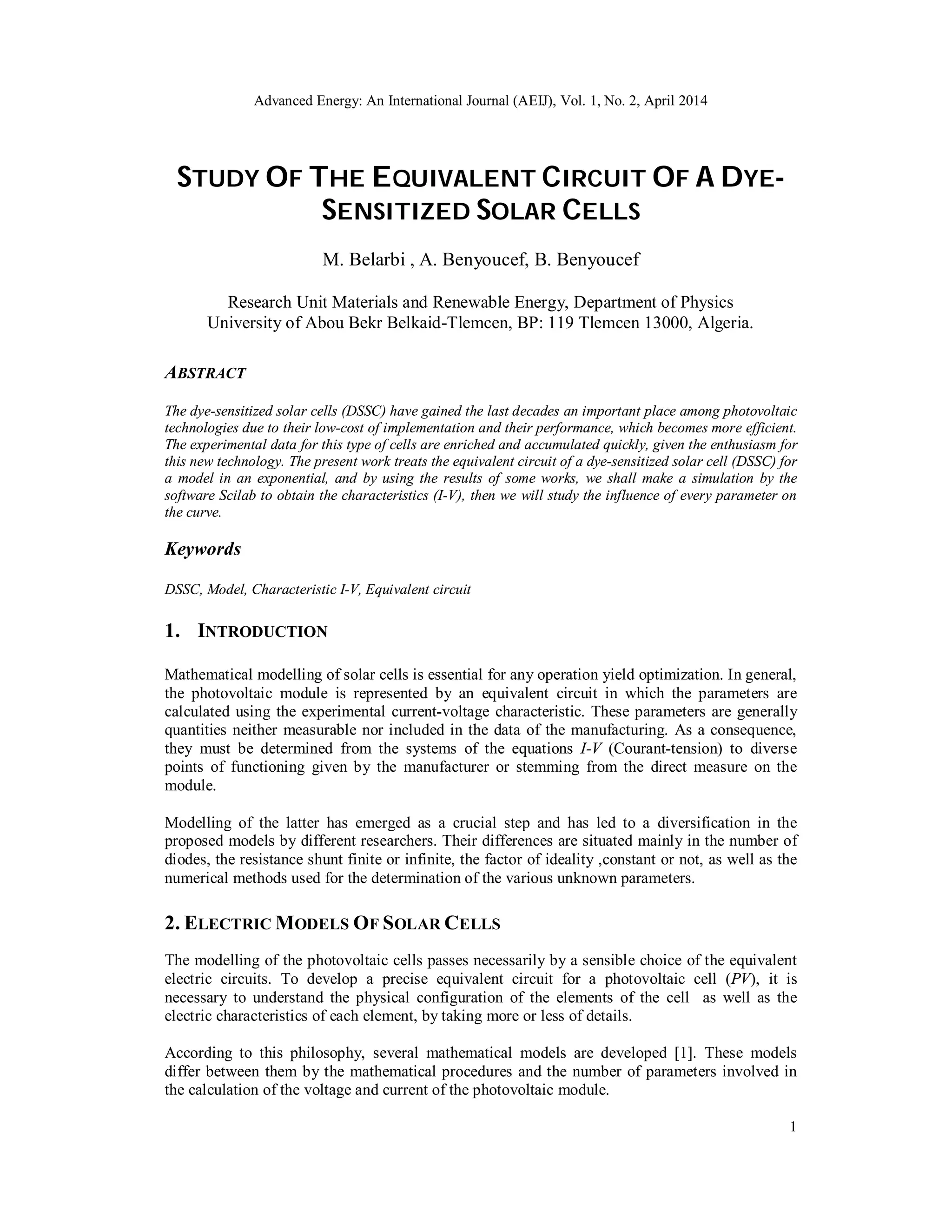 STUDY OF THE EQUIVALENT CIRCUIT OF A DYESENSITIZED SOLAR CELLS | PDF