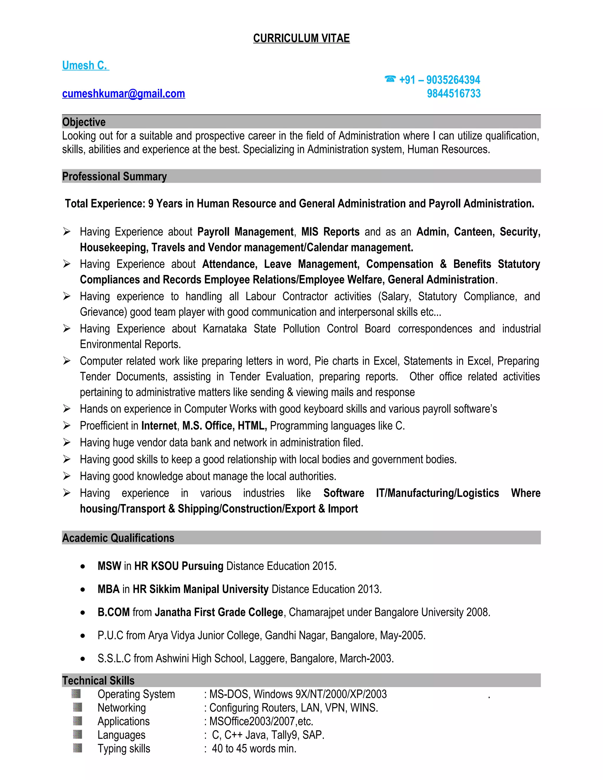 Resume Of Umesh | PDF