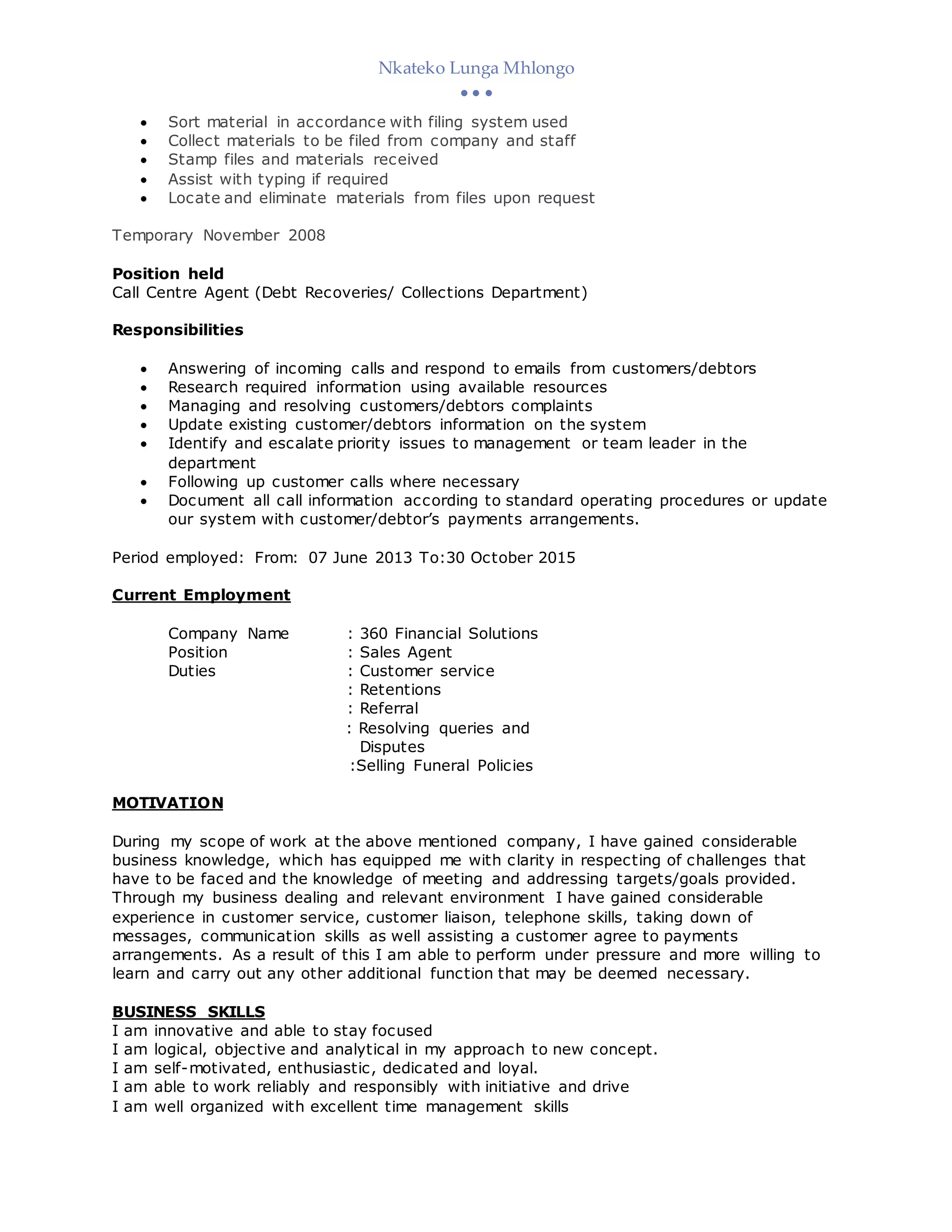 Nkateko Lunga Mhlongo (CV).d101010101 | PDF