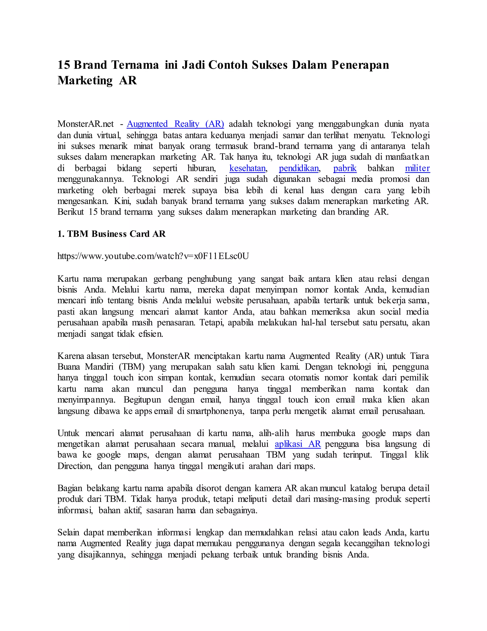 15 brand ternama ini jadi contoh sukses dalam penerapan marketing ar | PDF
