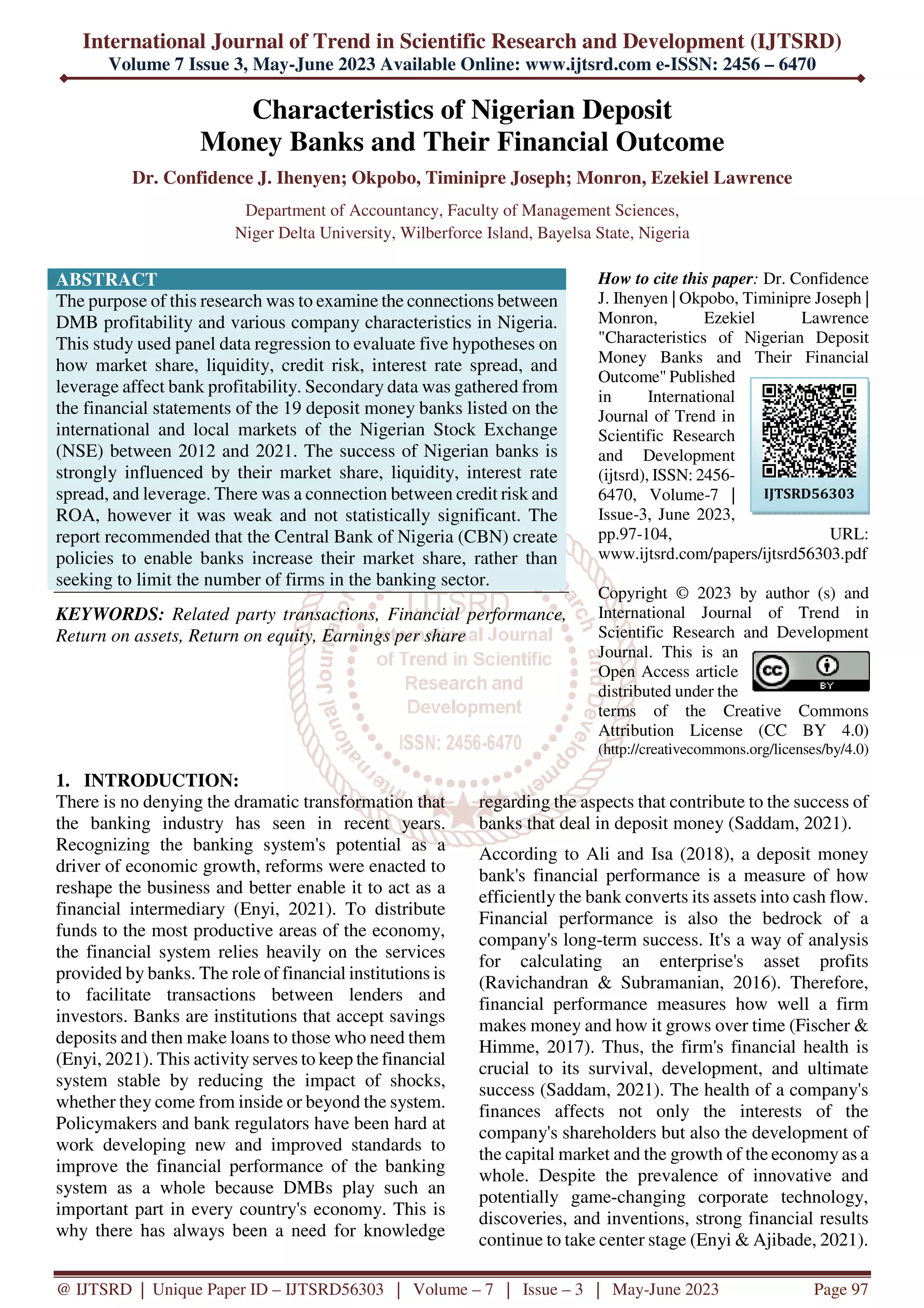 Characteristics of Nigerian Deposit Money Banks and Their Financial Outcome | PDF | Business ...