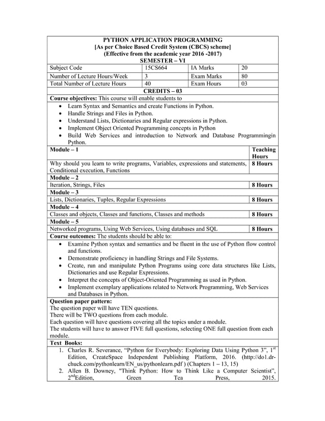 15CS664- Python Application Programming VTU syllabus | PDF