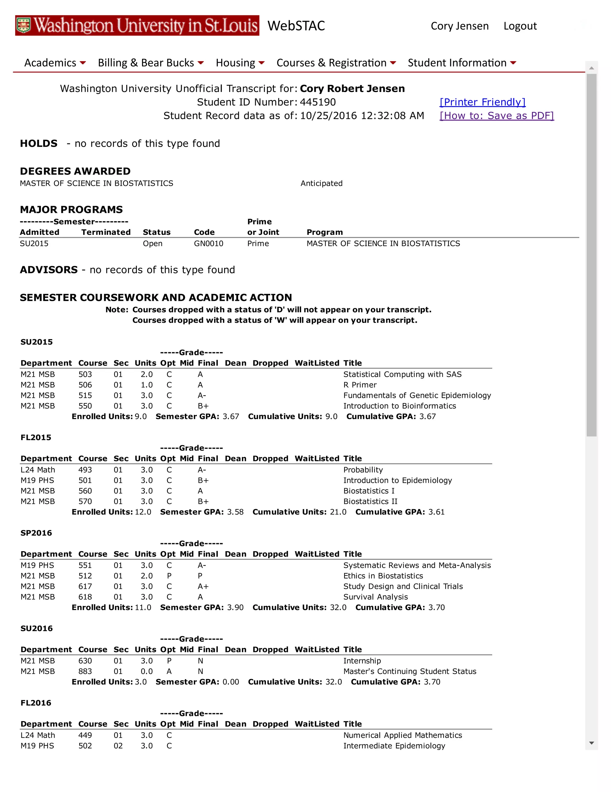 Cory Jensen Unofficial Masters Transcript | PDF