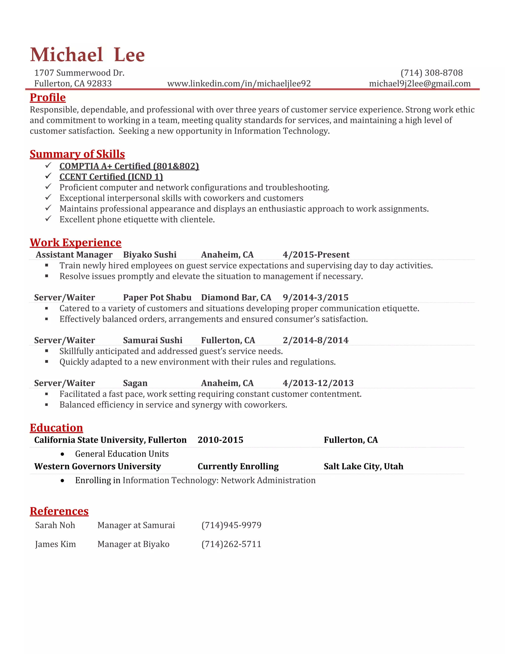 Michael Lee Resume Format 1 | PDF