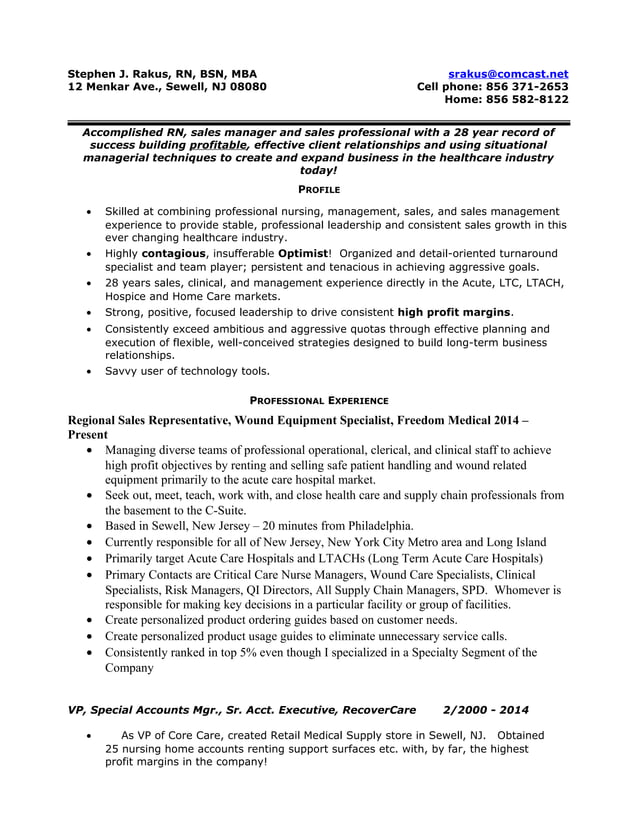 Steve Rakus RN, BSN, MBA Sales Resume 2016 | DOC