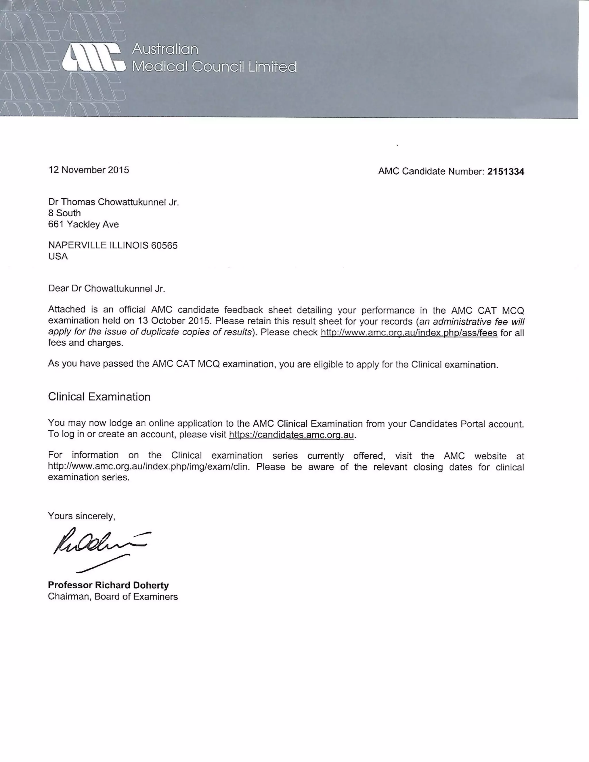 AMC Part 1 Pass letter | PDF