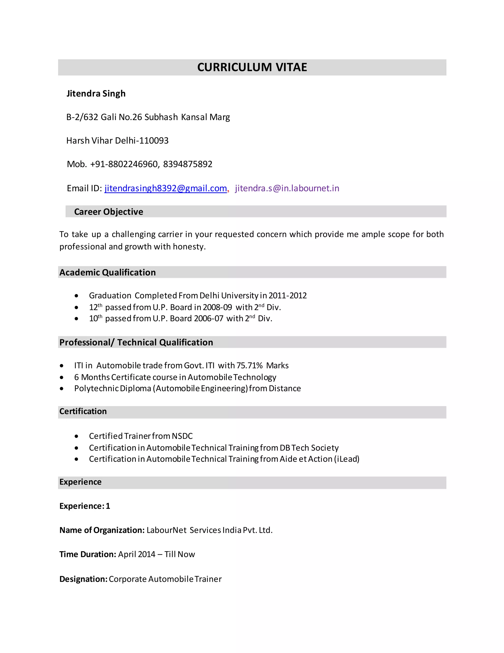 CURRICULUM VITAE _ Jitendra Singh (1) | DOCX | Careers