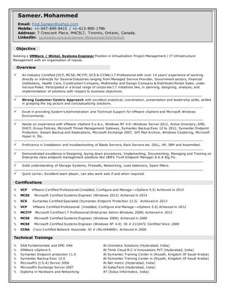Sameer's (Vmware & Wintel Systems Engineer)Resume-04-2016 | DOCX