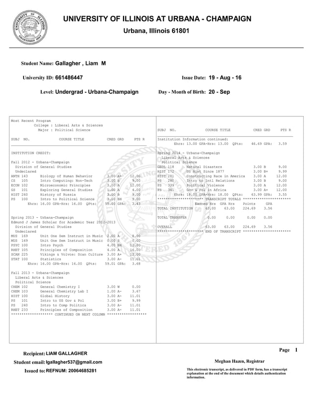 UIUC Transcript | PDF | Undergraduate Education | College Education