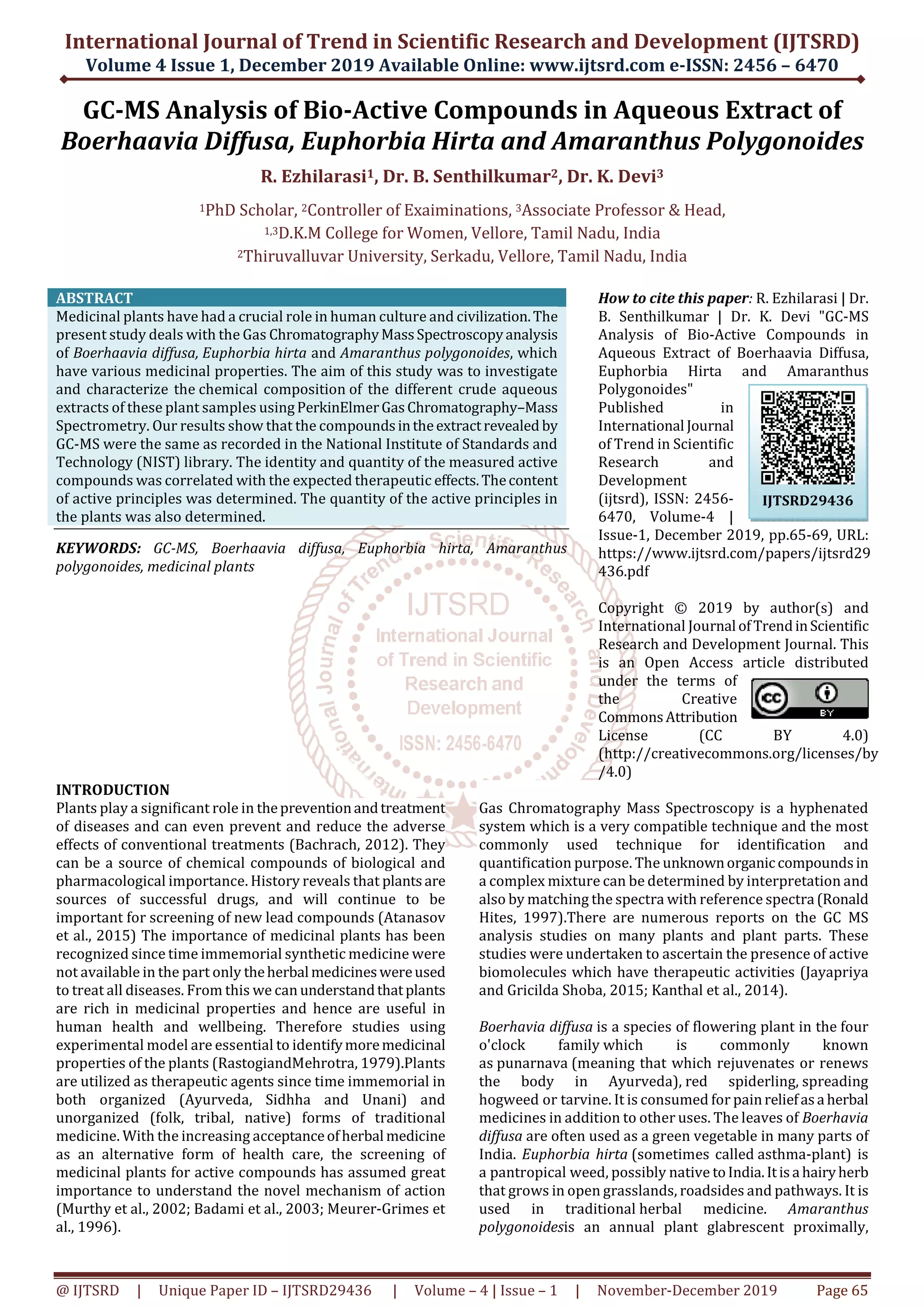 GC-MS Analysis of Bio-Active Compounds in Aqueous Extract of Boerhaavia ...