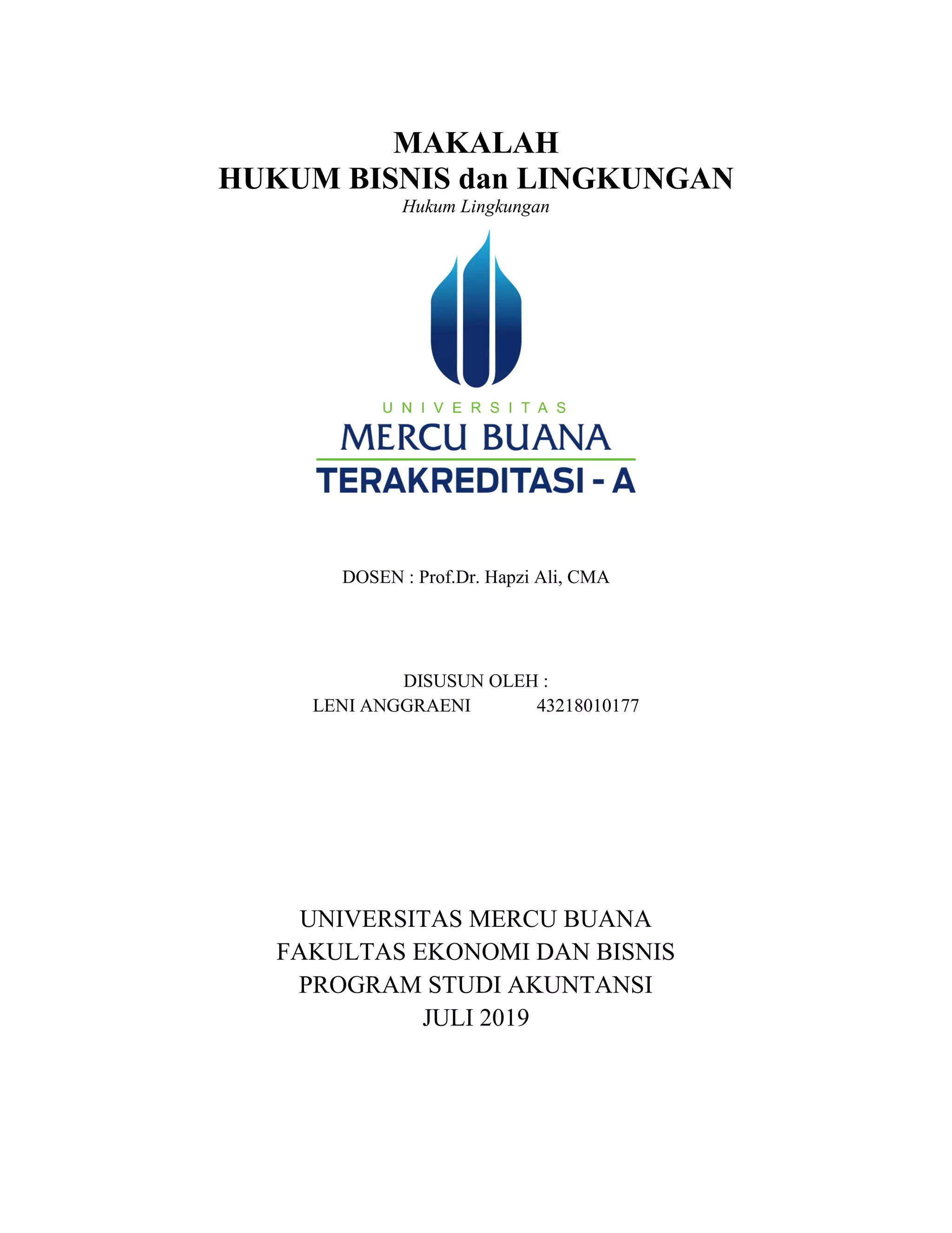 15, hbl, Leni Anggraeni, Hapzi Ali, Hukum Lingkungan ,Universitas Mercu ...