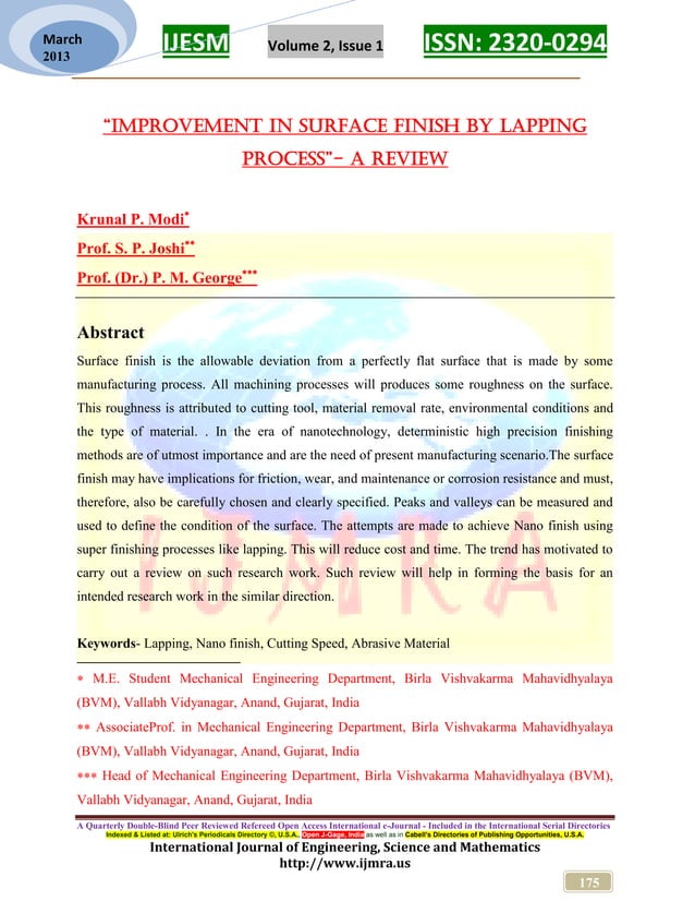 “Improvement in Surface Finish by Lapping Process”- A Review | PDF