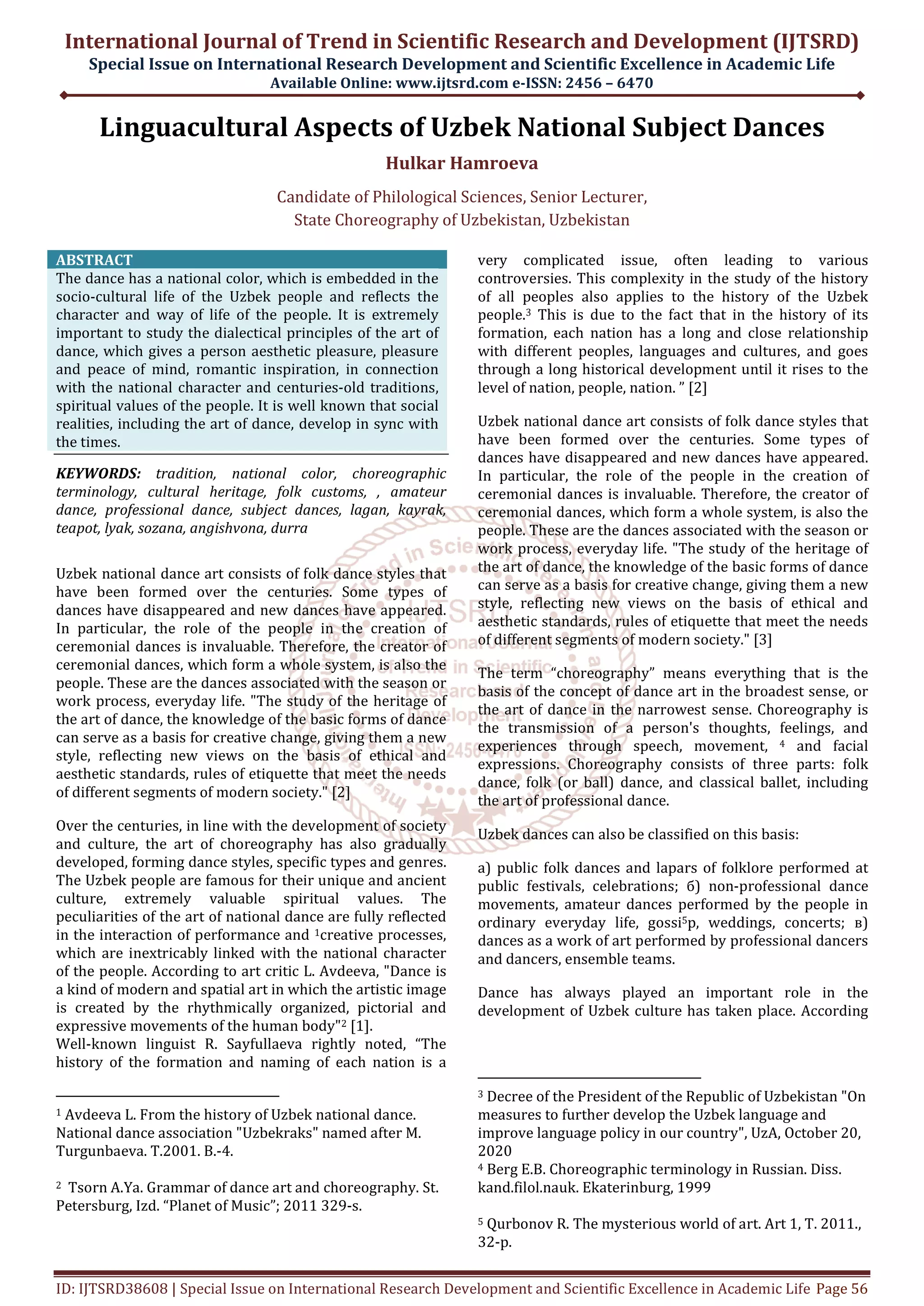 Linguacultural Aspects of Uzbek National Subject Dances | PDF