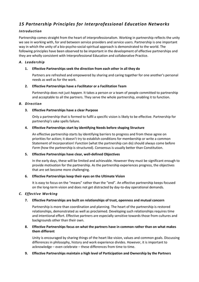 15 Partnership Principles for Interprofessional Education Networks | PDF