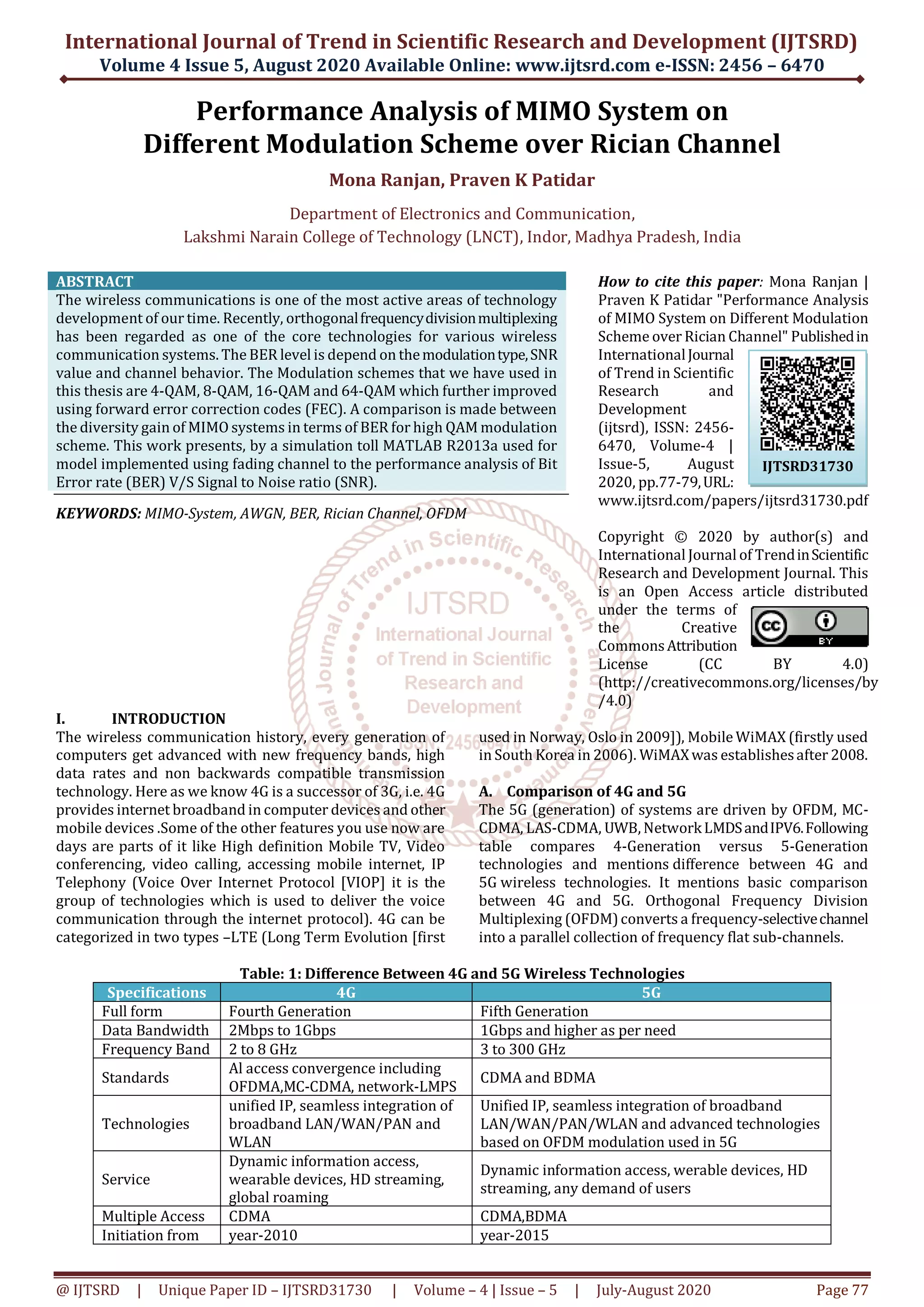 Performance Analysis Of Mimo System On Different Modulation Scheme Over