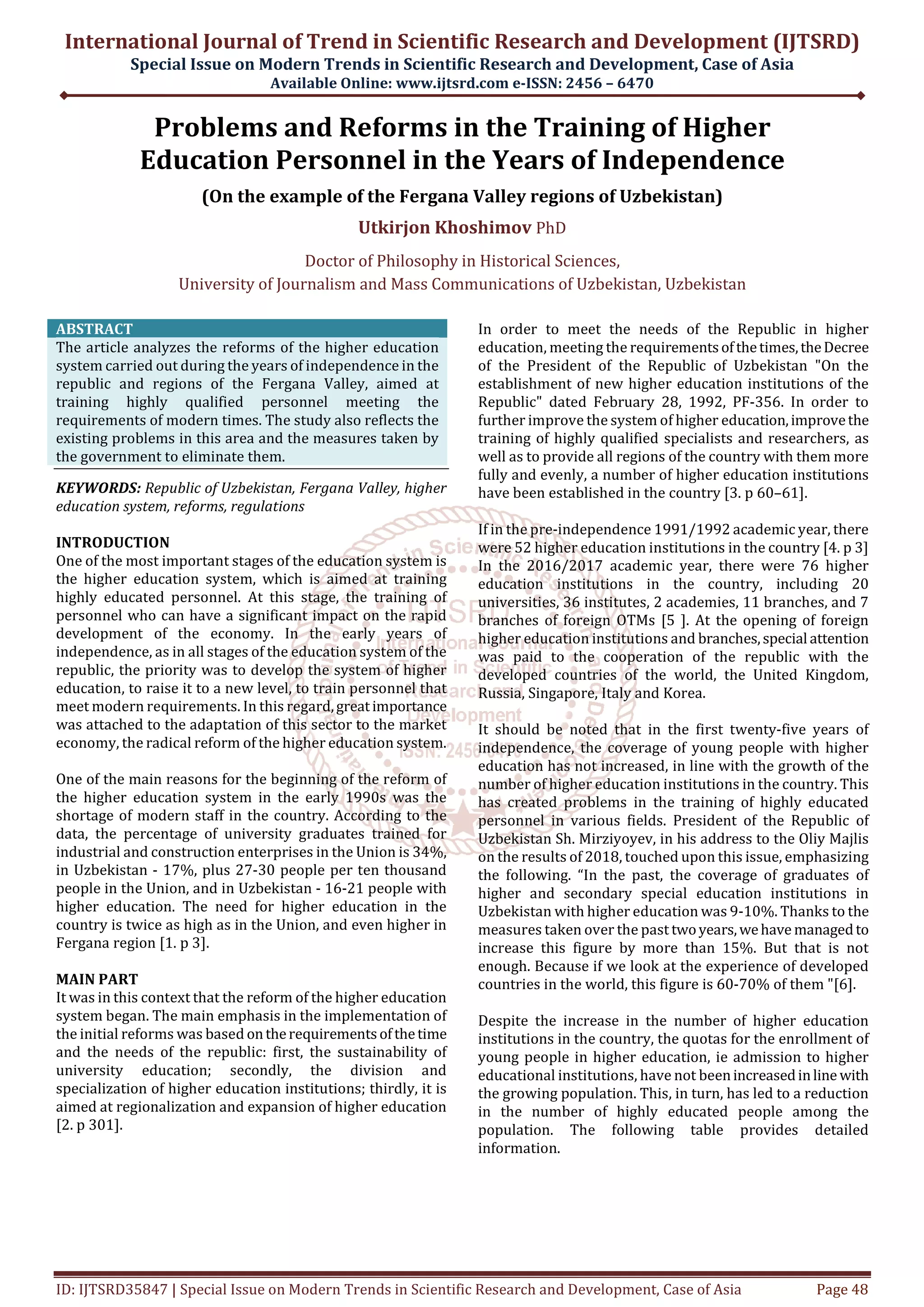 Problems and Reforms in the Training of Higher Education Personnel in ...
