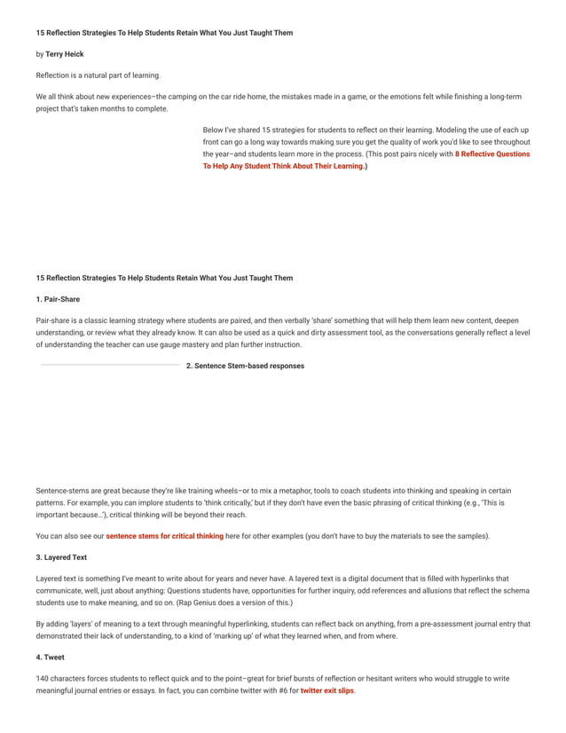 15 reflection strategies to help students retain what you just taught them learning - teach ...