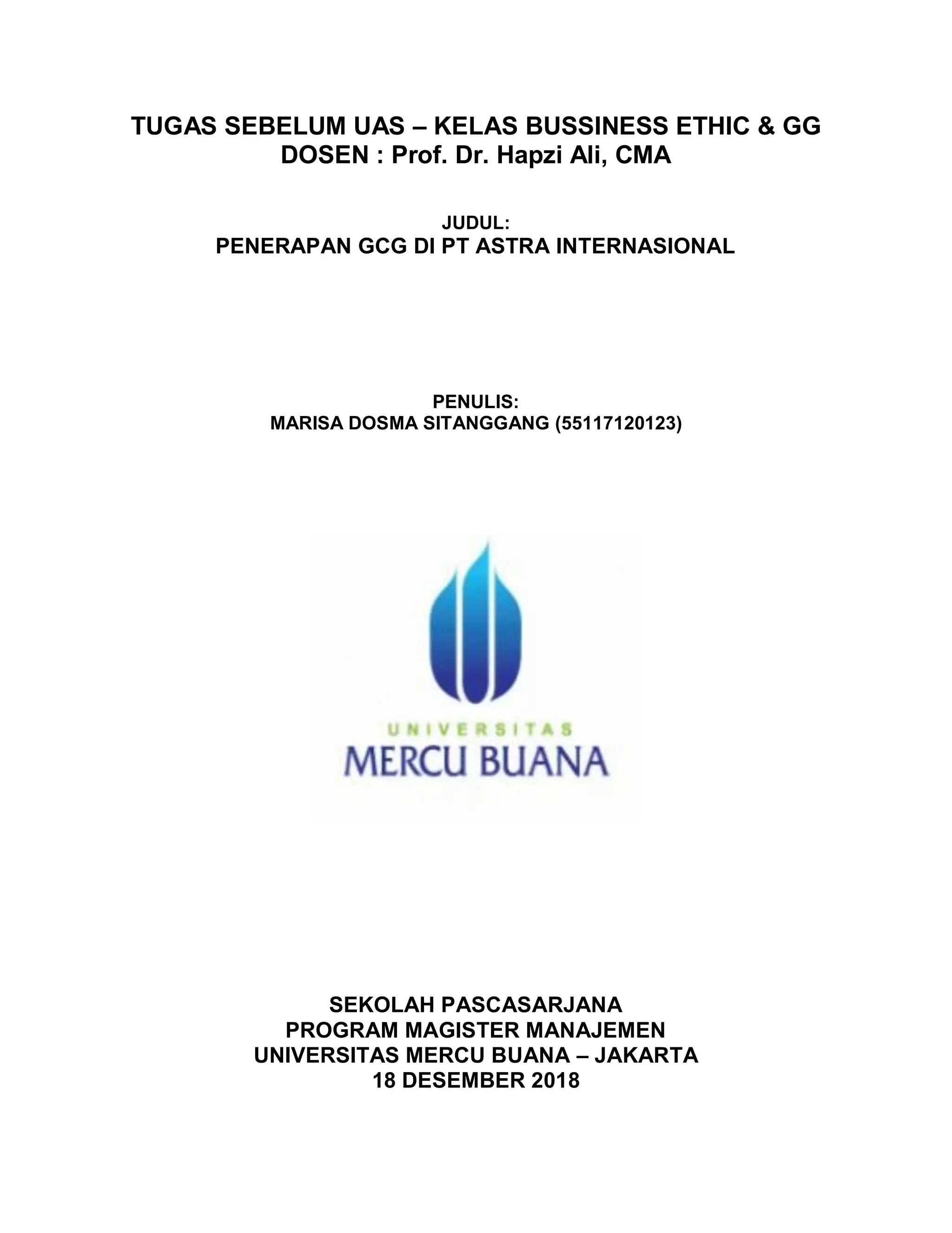 15,TGS UAS BE & GG, Marisa Dosma Sitanggang, Hapzi Ali, Penerapan GCG pada Perusahaan ...
