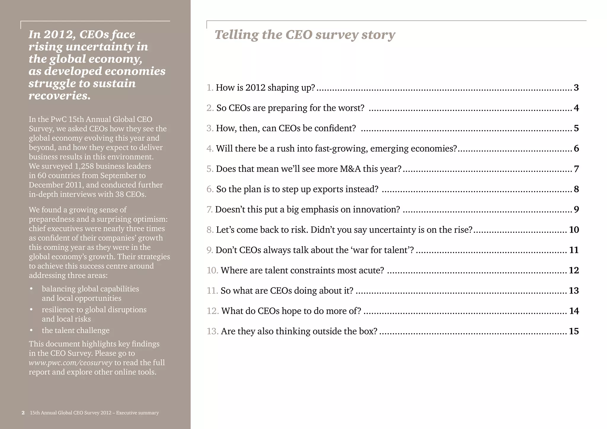 15th Annual Global CEO Survey by PwC | PDF