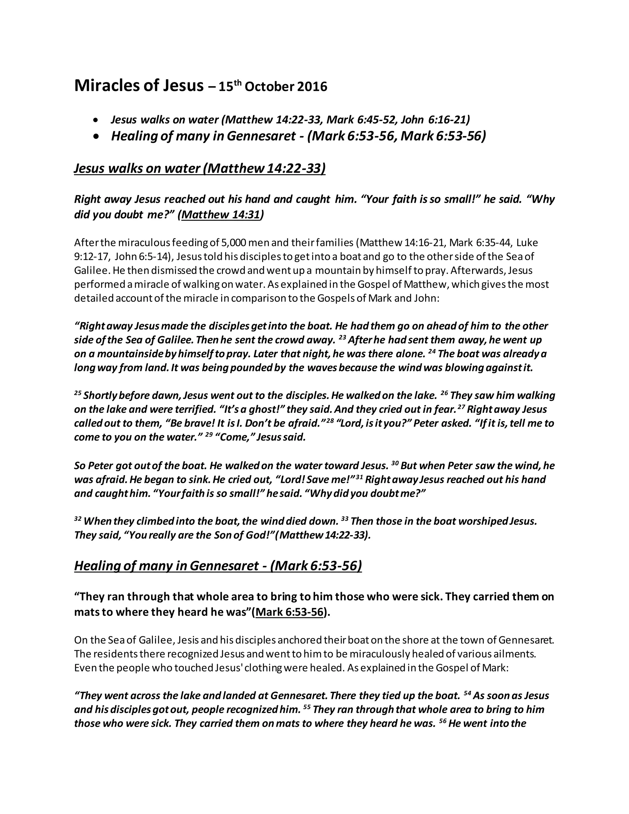 15th October 2016: Miracles of Jesus - Jesus walks on water • Healing of many in Gennesaret | DOCX