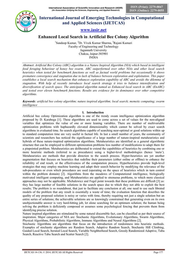 Enhanced local search in artificial bee colony algorithm | PDF