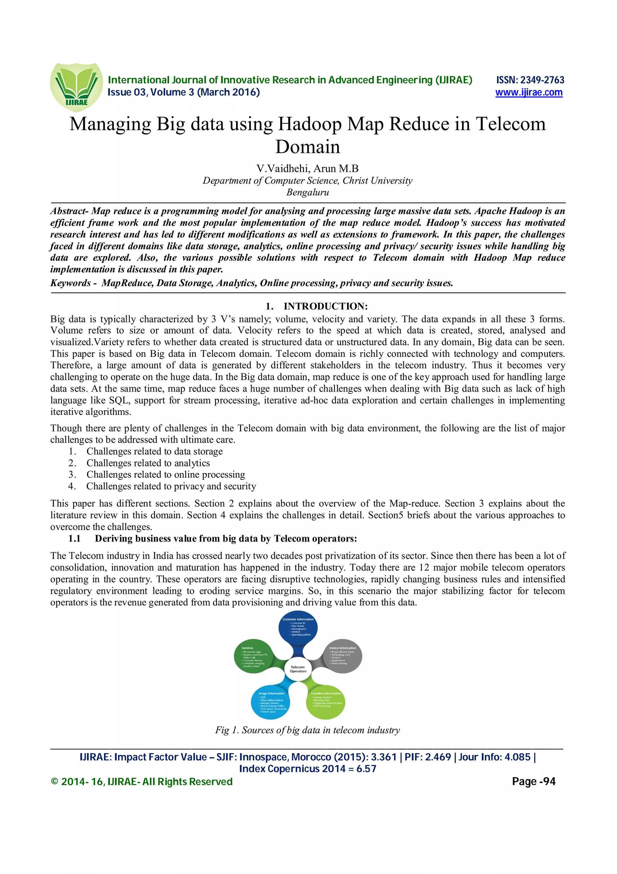 Managing Big Data Using Hadoop Map Reduce In Telecom Domain Pdf