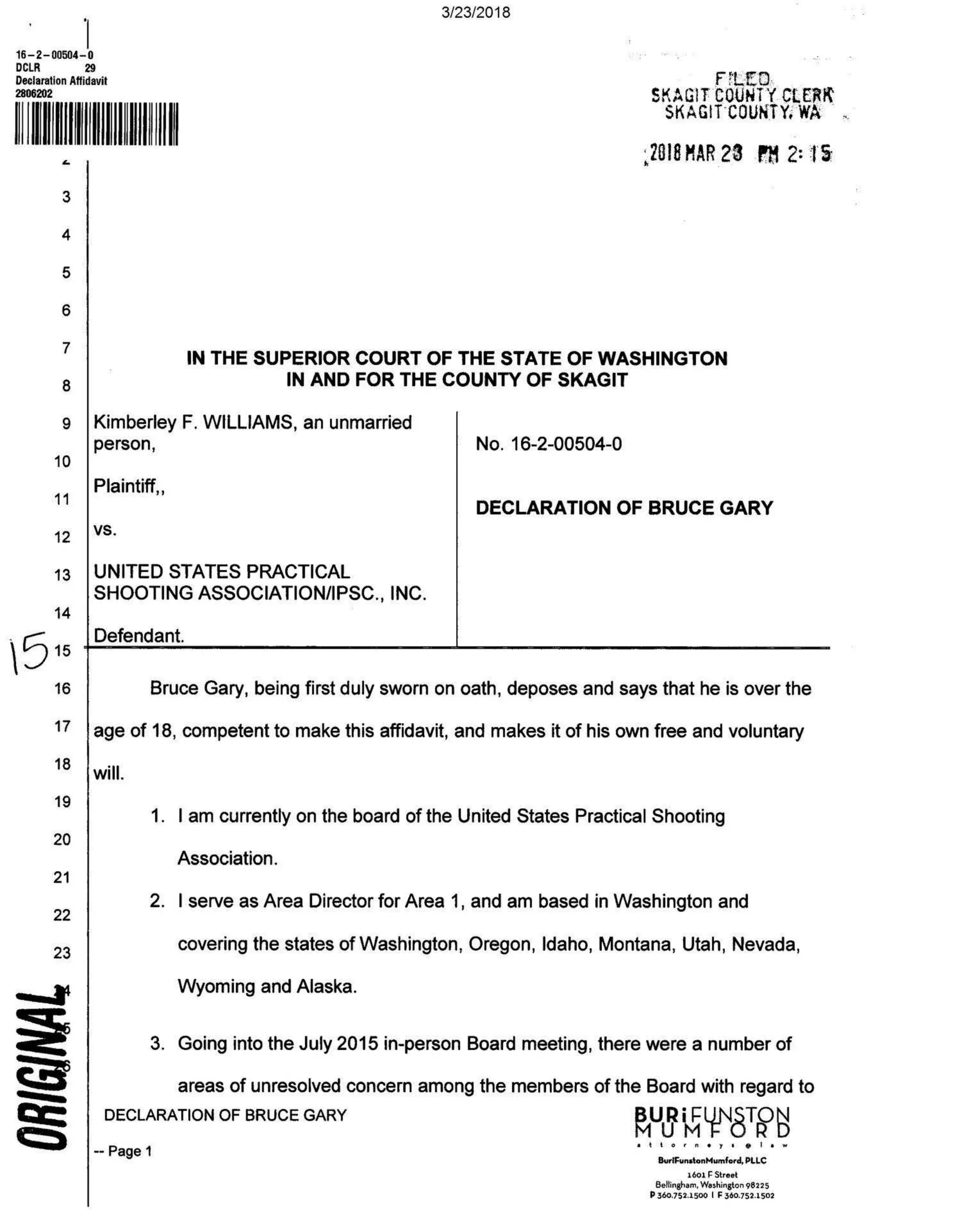 Kim Williams v USPSA - Declaration of Bruce Gary | PDF